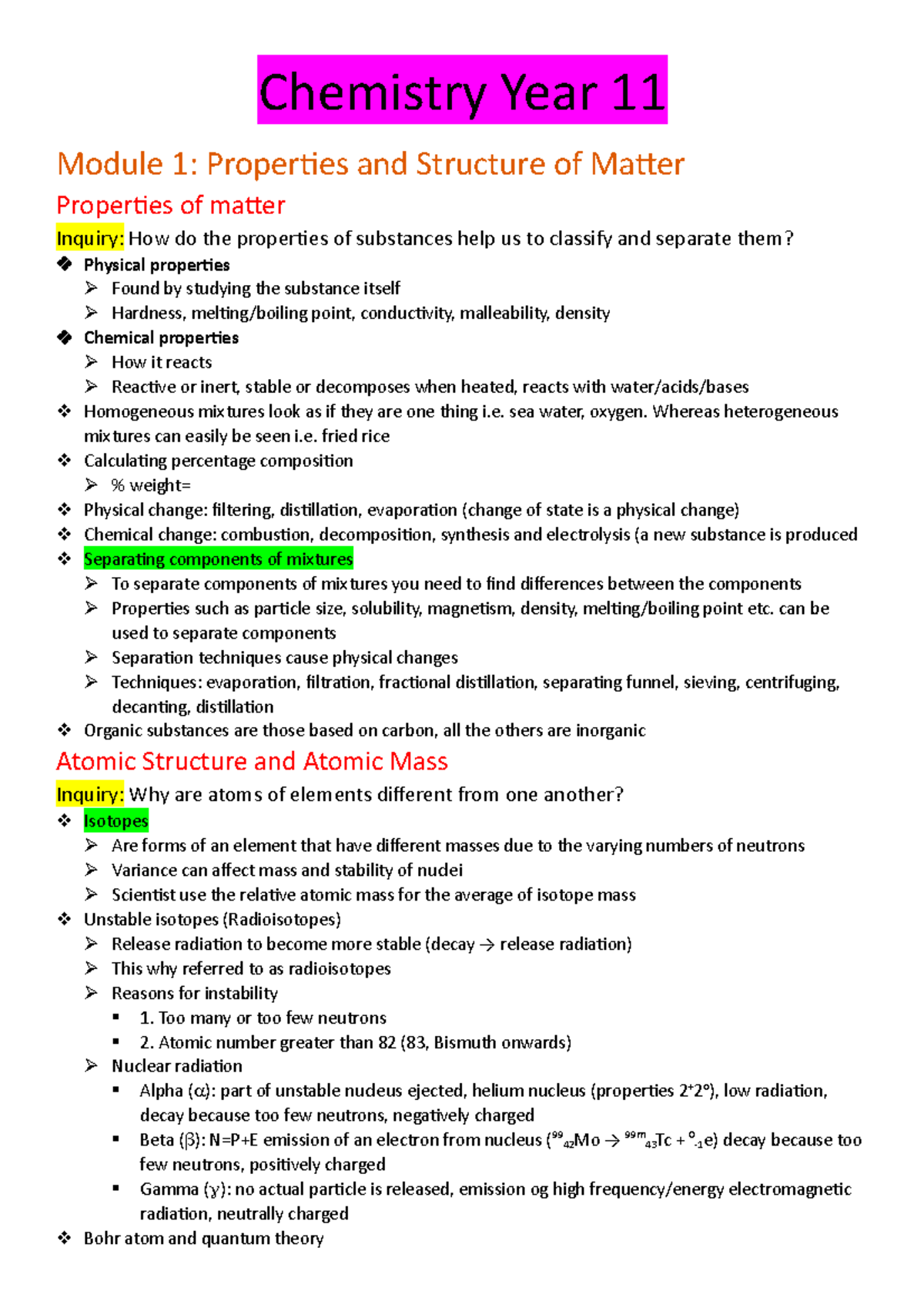 Full Summarised Topic Notes - Chemistry Year 11 Module 1: Properties ...