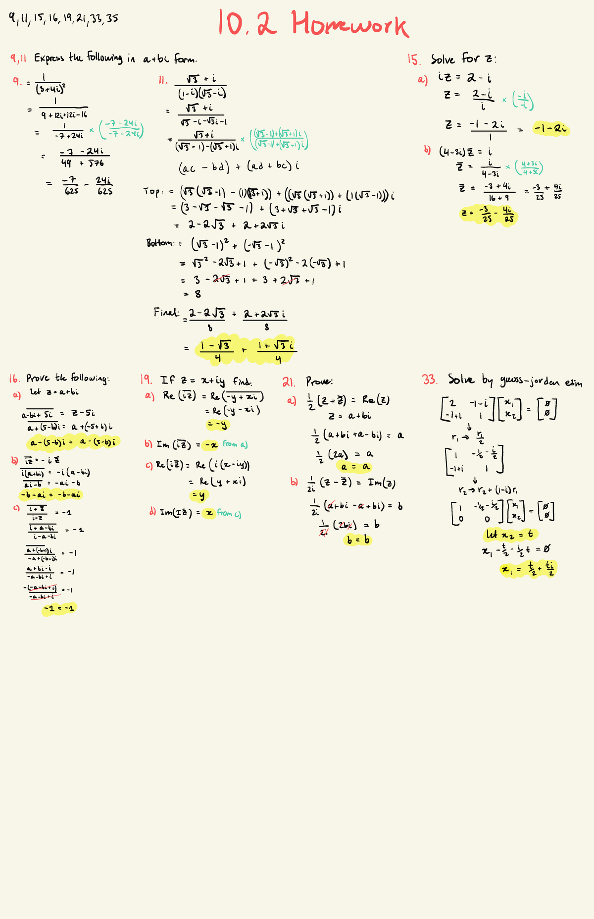 10.2 Problems - LIN ALG HMWRK - REVIEW AND PRACTICE - 9,11, 15,16, 192433, 10 , 2 Homework 9,11 ...