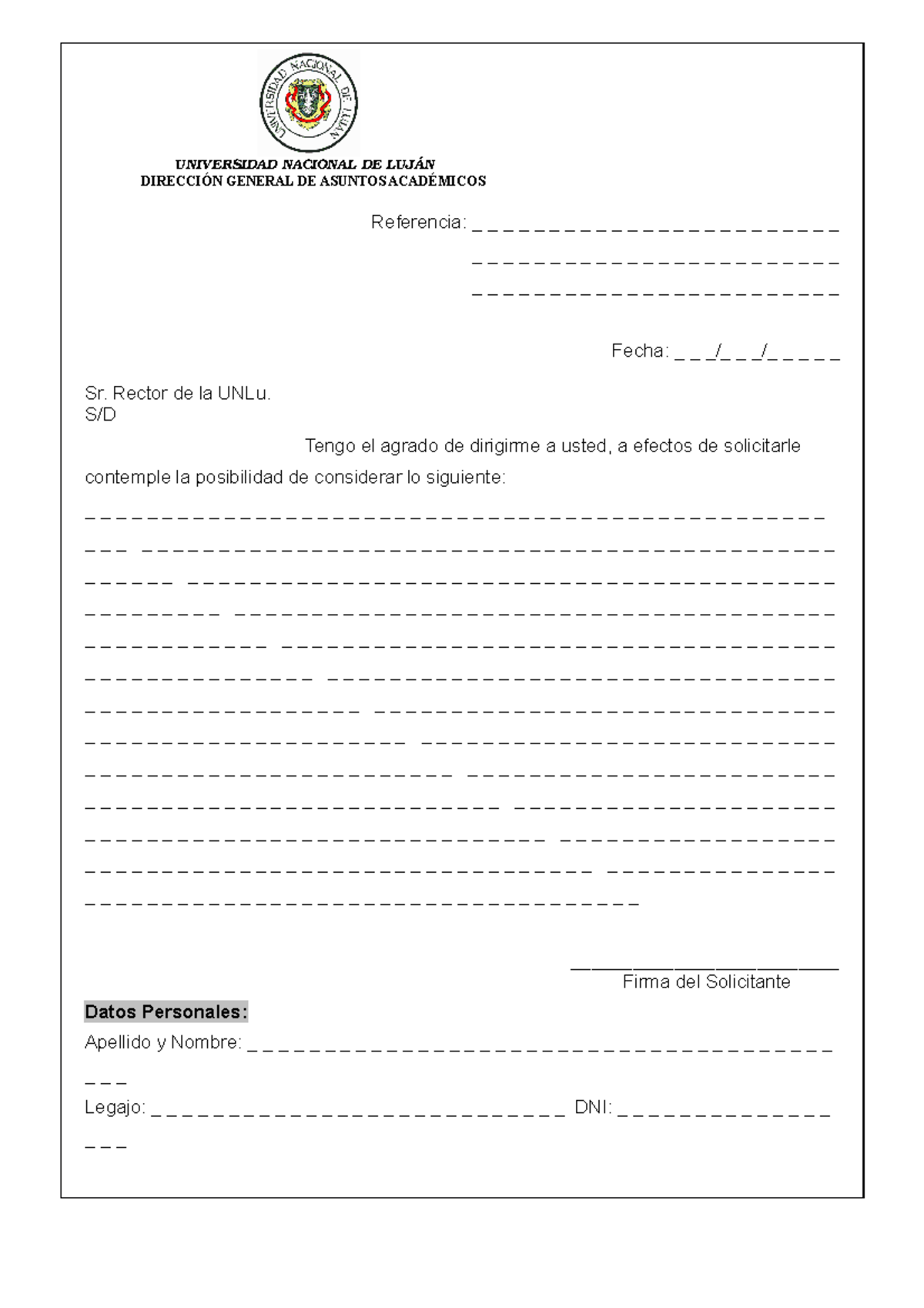 Formulario Carta NOTA AL Rector de la universidad de lujan ...