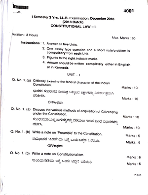 English Question Paper - Constitutional Law - I - KSLU - Studocu
