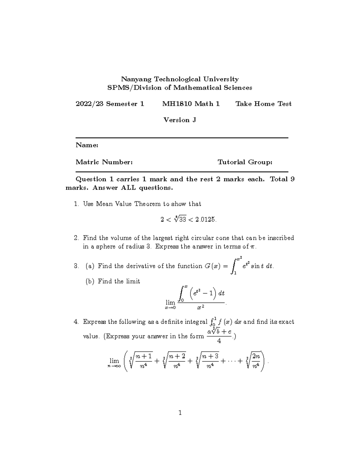 MH1810 Take Home Test 2022 Version J - Nanyang Technological University ...
