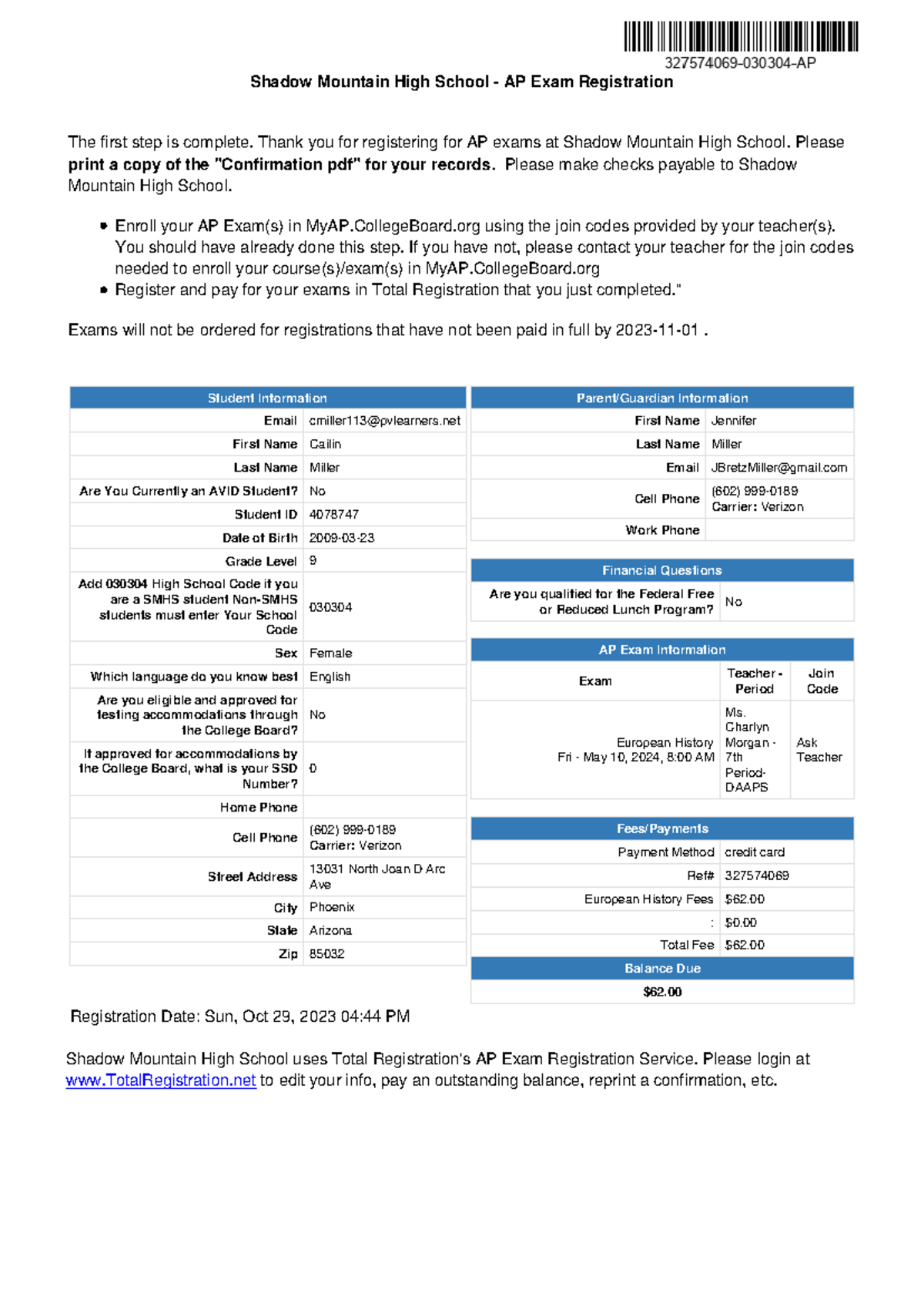 College Board AP exam reg - Shadow Mountain High School - AP Exam ...