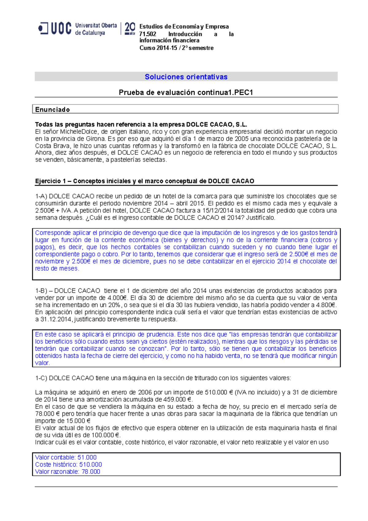 71.502 Sol PEC 1 - Solucion 1 - Estudios de Economía y Empresa 71 ...