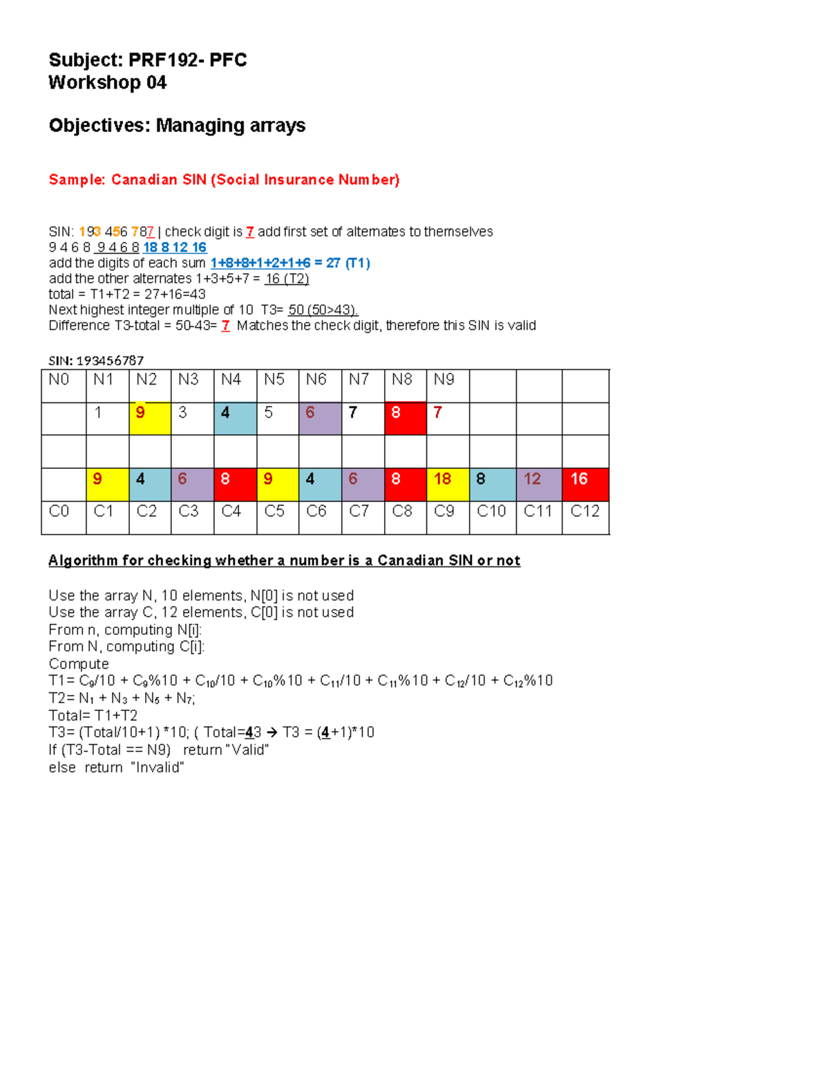 Workshop 04 - sad - Subject: PRF192- PFC Workshop 04 Objectives: Managing arrays Sample ...
