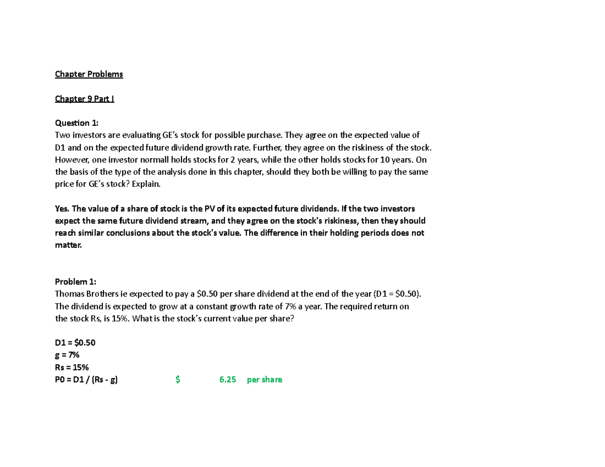 Financial Management Final Exam Review - Chapter Problems - Chapter ...