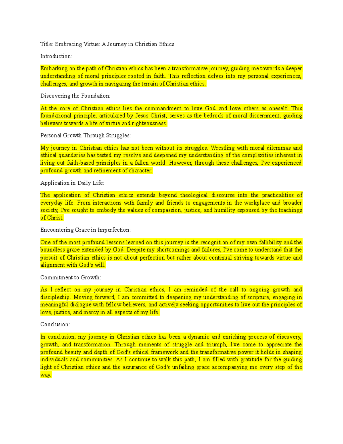 Christian Ethics - This reflection delves into my personal experiences ...