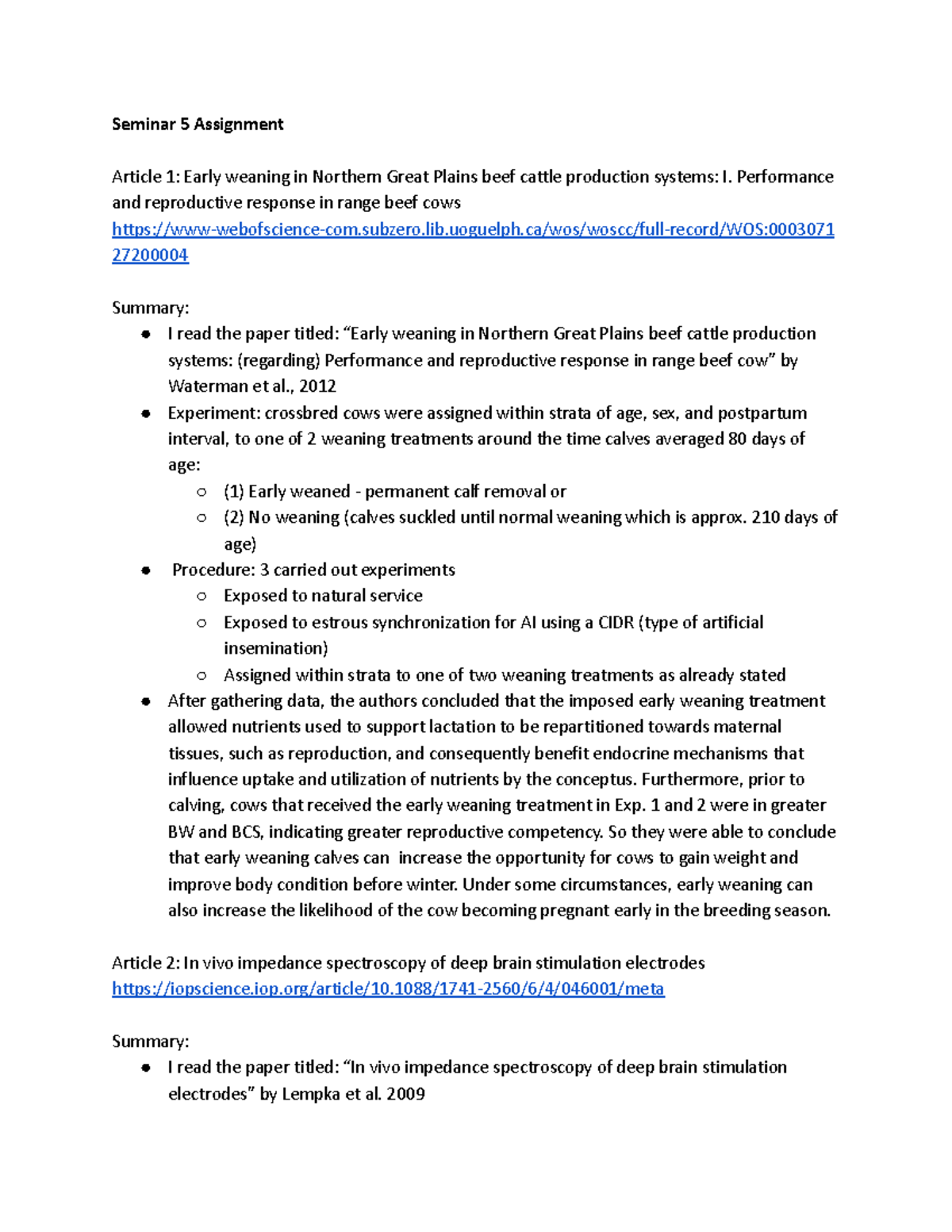 ANSC2210 Seminar 5 Assignment - Seminar 5 Assignment Article 1: Early ...