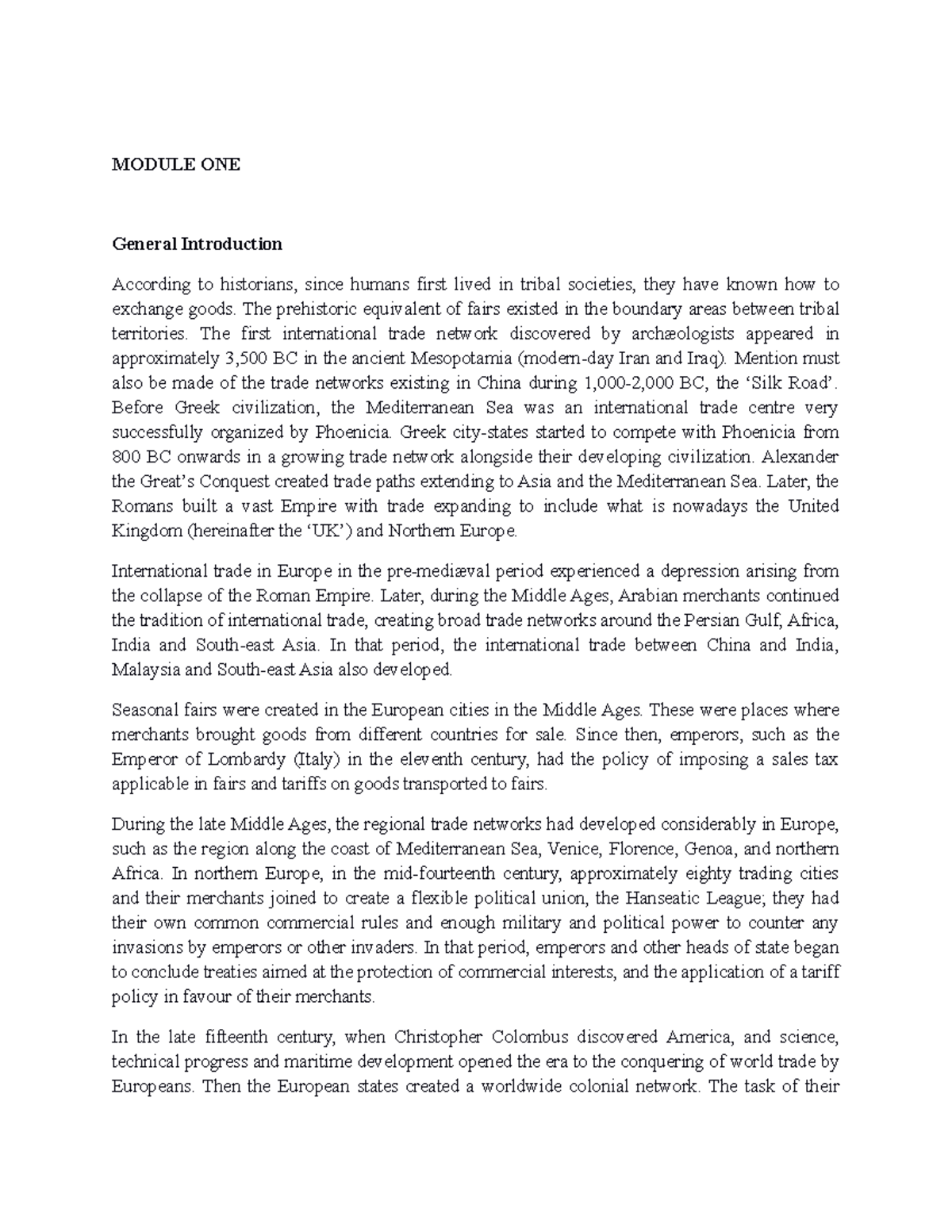 History of International Trade - MODULE ONE General Introduction ...