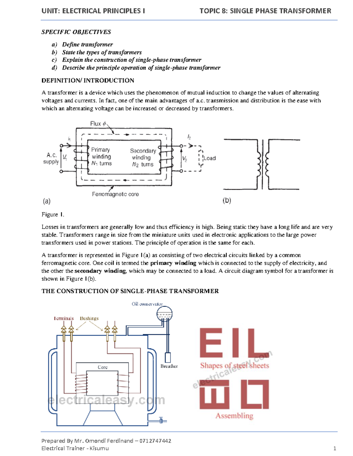 Topic 8 Single Phase Transformer - Prepared By Mr. Omondi Ferdinand ...
