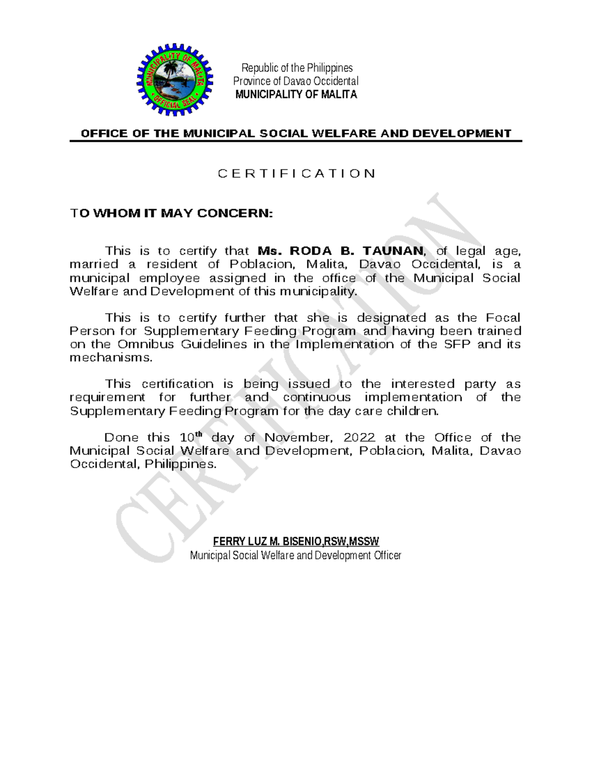 Eccd Certificate - N/A - Republic of the Philippines Province of Davao ...