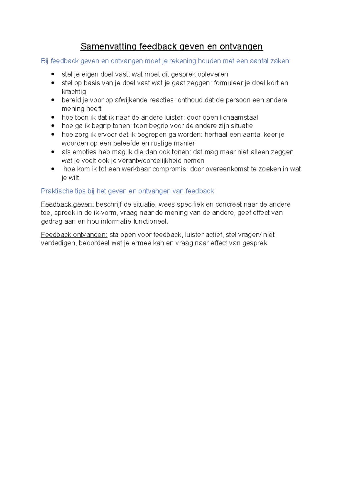 Samenvatting feedback geven-ontvangen - Samenvatting feedback geven en ...