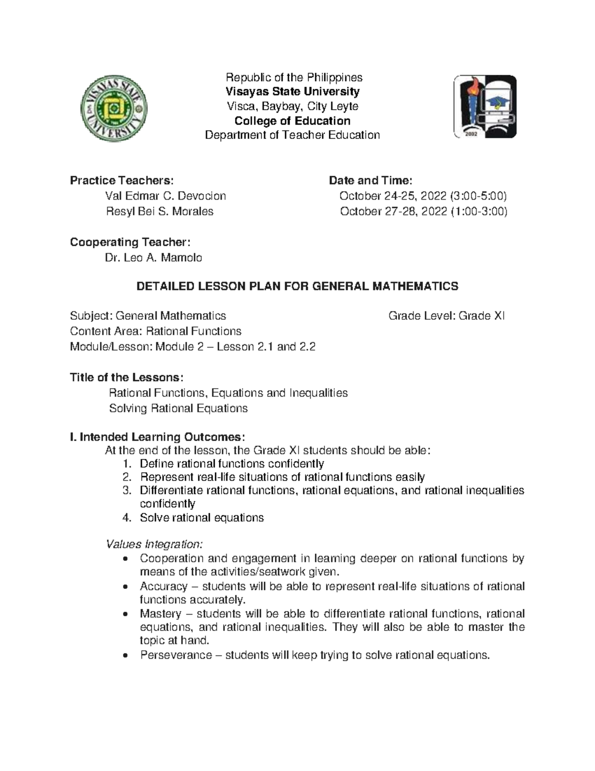 Detailed Lesson Plan for Demo - Republic of the Philippines Visayas ...