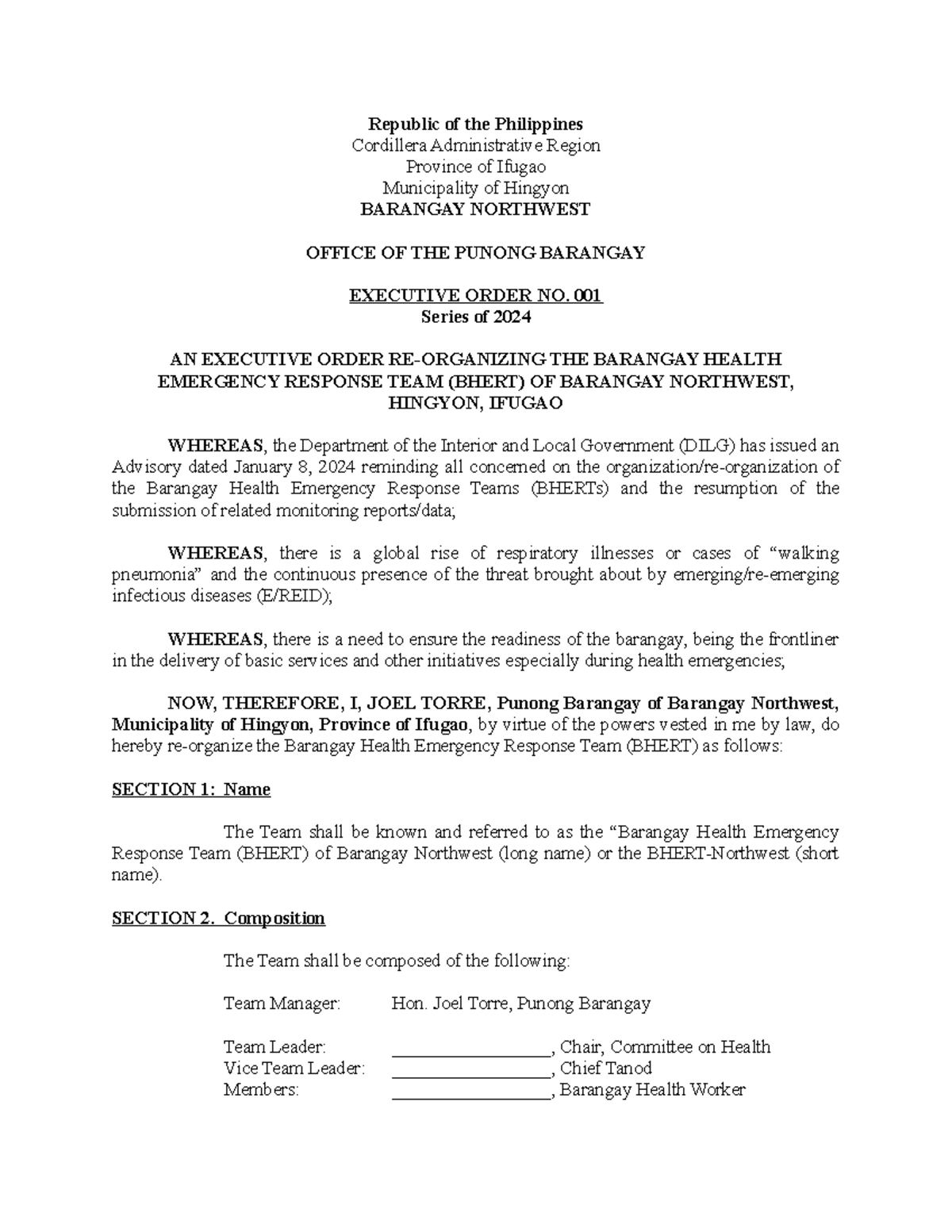 Bhert EO Pro Forma - Republic of the Philippines Cordillera Administrative Region Province of ...