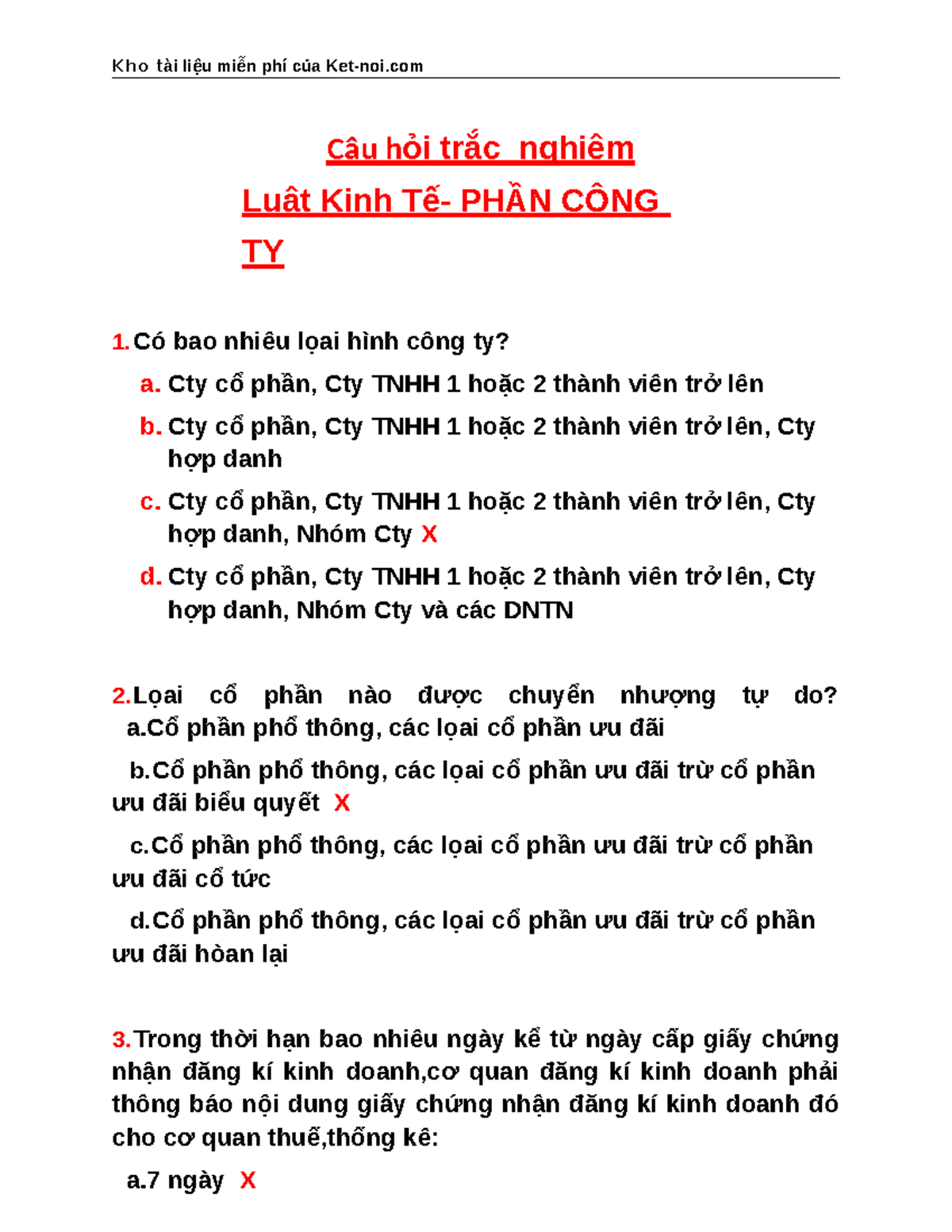 123doc cau hoi trac nghiem luat kinh te co dap an - Câu hỏi trắc nghiệm Luật Kinh Tế- PHẦN CÔNG ...