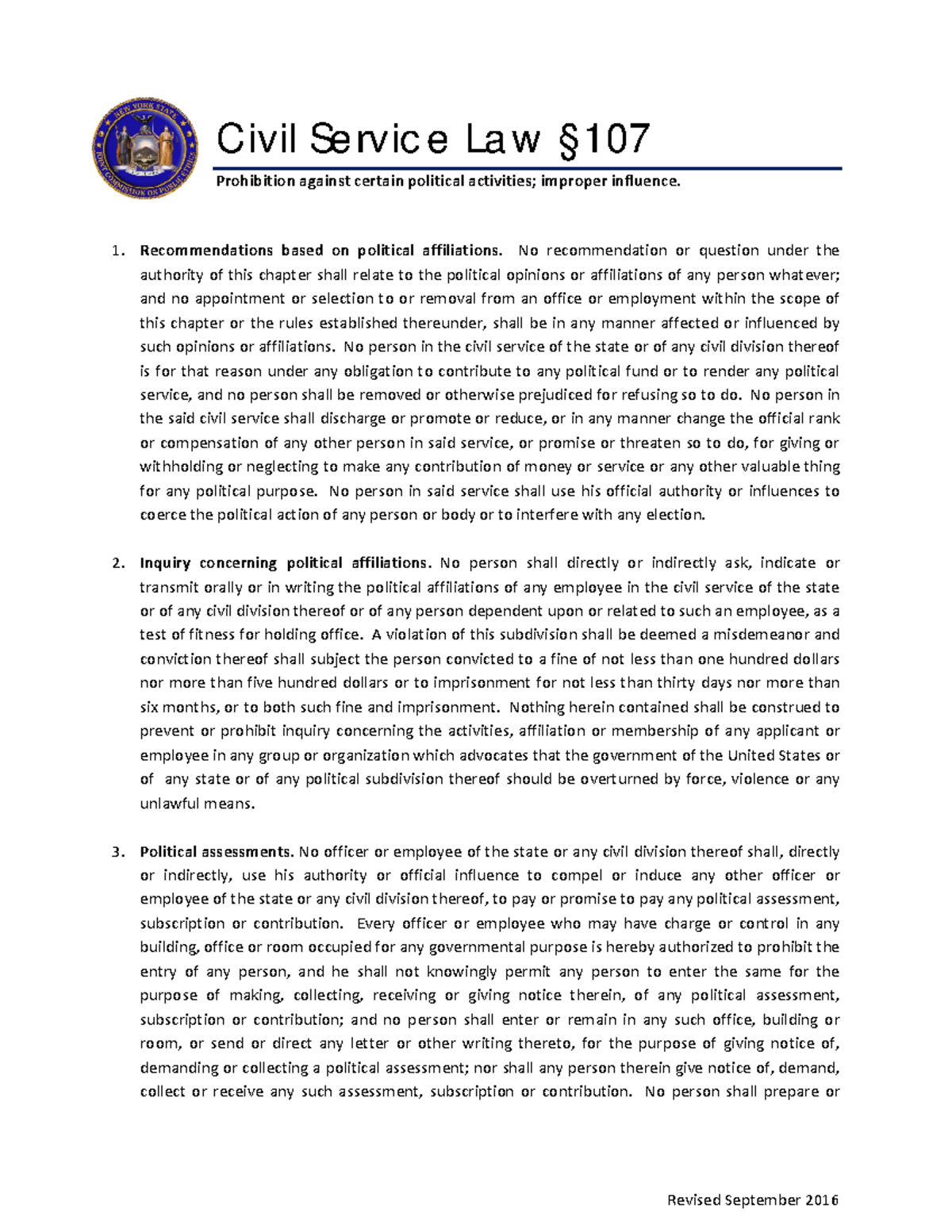 Civil service law 107 - Revised September 2016 C ivil Se rvic e La w ...