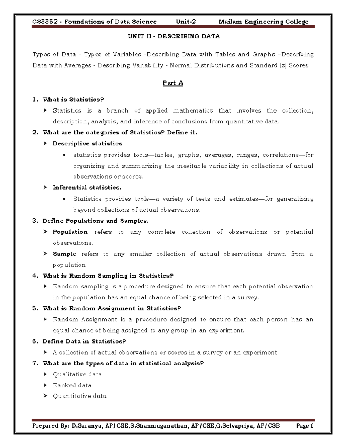 UNIT 2 FDS - Prepared By: D, AP/CSE,S, AP/CSE,G, AP/CSE Page 1 UNIT II - DESCRIBING DATA Types ...