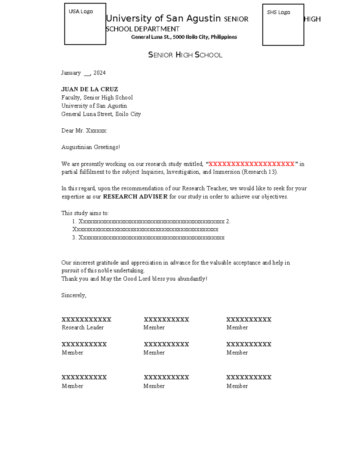 Letter to the Research Adviser - University of San Agustin SENIOR HIGH ...