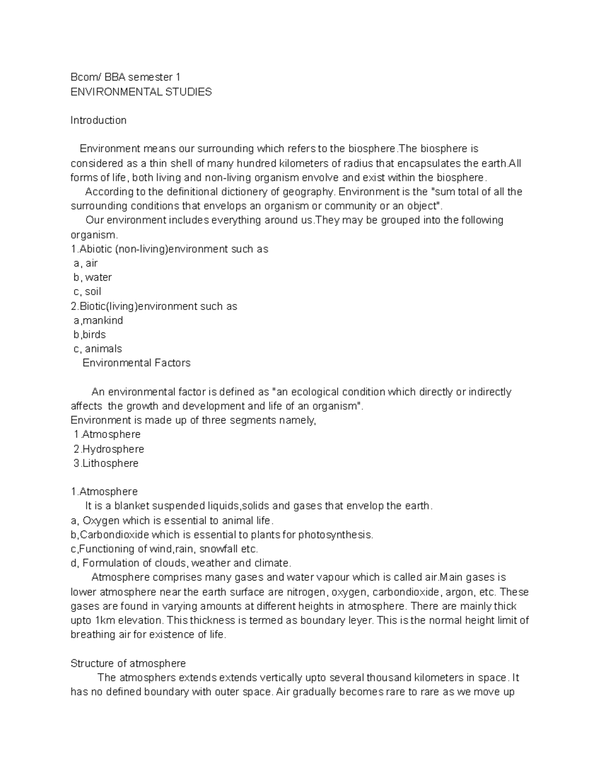 Bcom BBA Semester 1Environmetal studies - Bcom/ BBA semester 1 ...