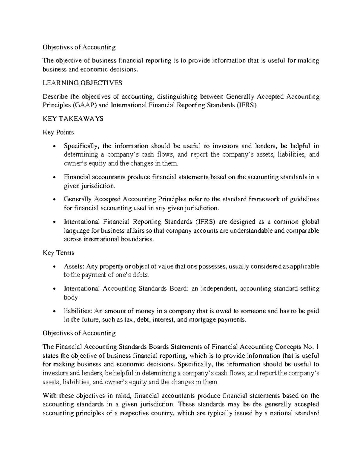 Objectives of Accounting - LEARNING OBJECTIVES Describe the objectives ...