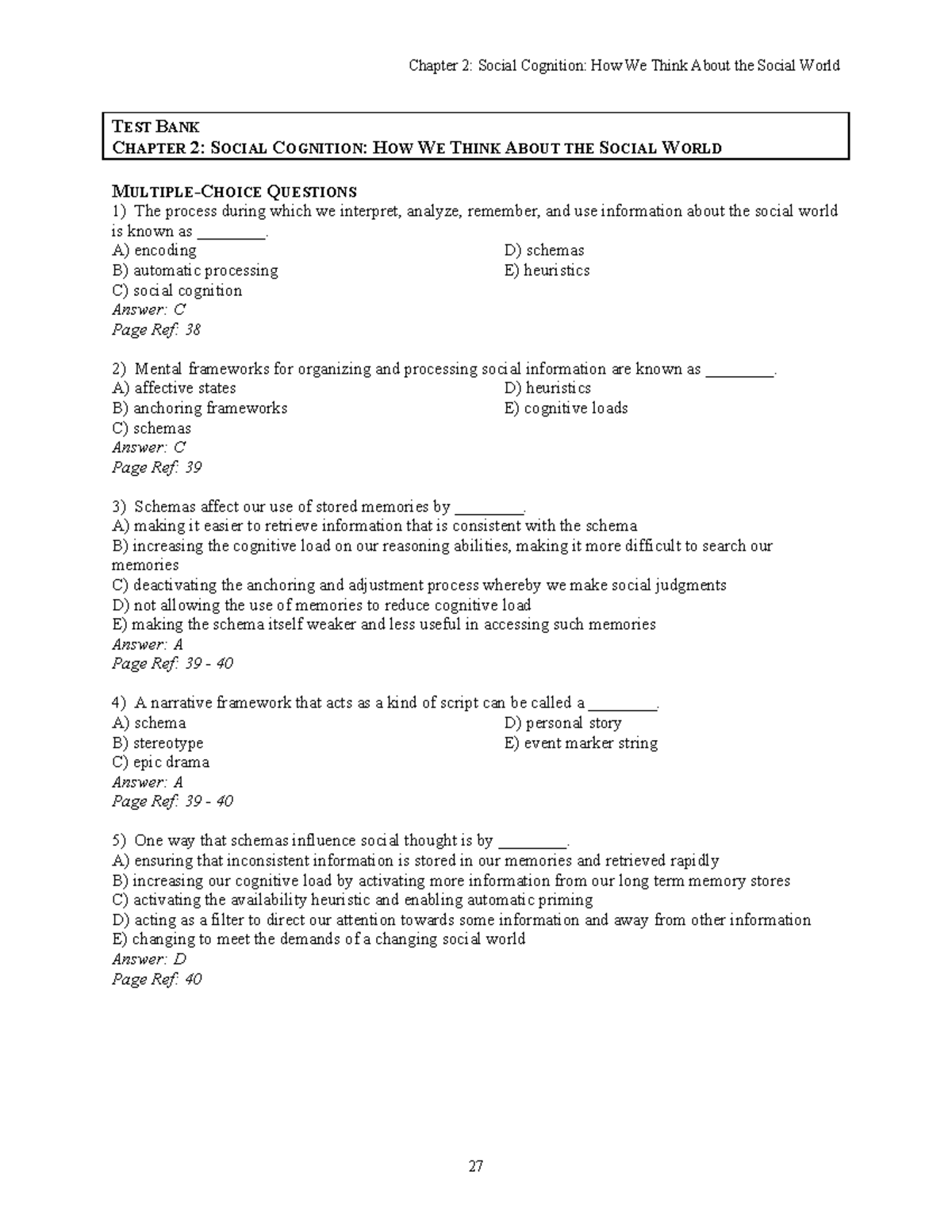 Social Psychology Test Bank-Chapter 2 - Chapter 2: Social Cognition ...