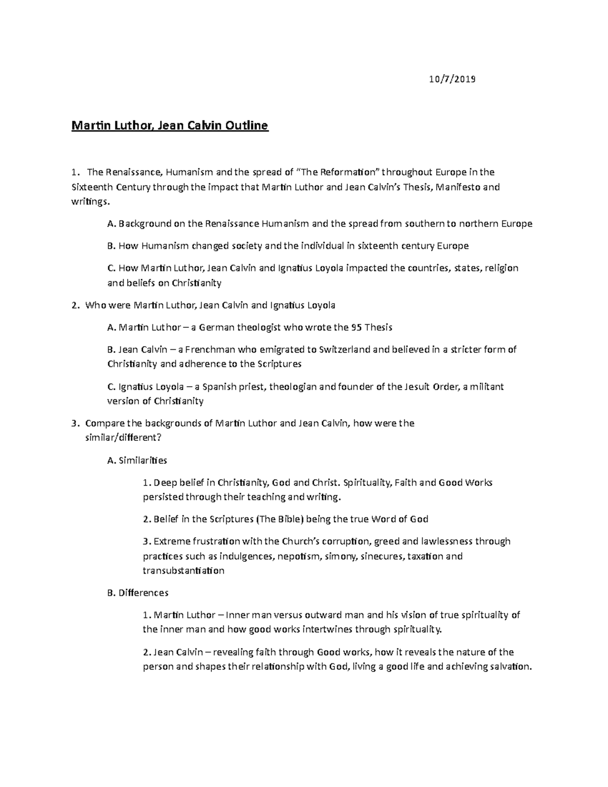 Hailey Rich Reformation Outline 10 7 19 - 10/7/ Martin Luthor, Jean ...