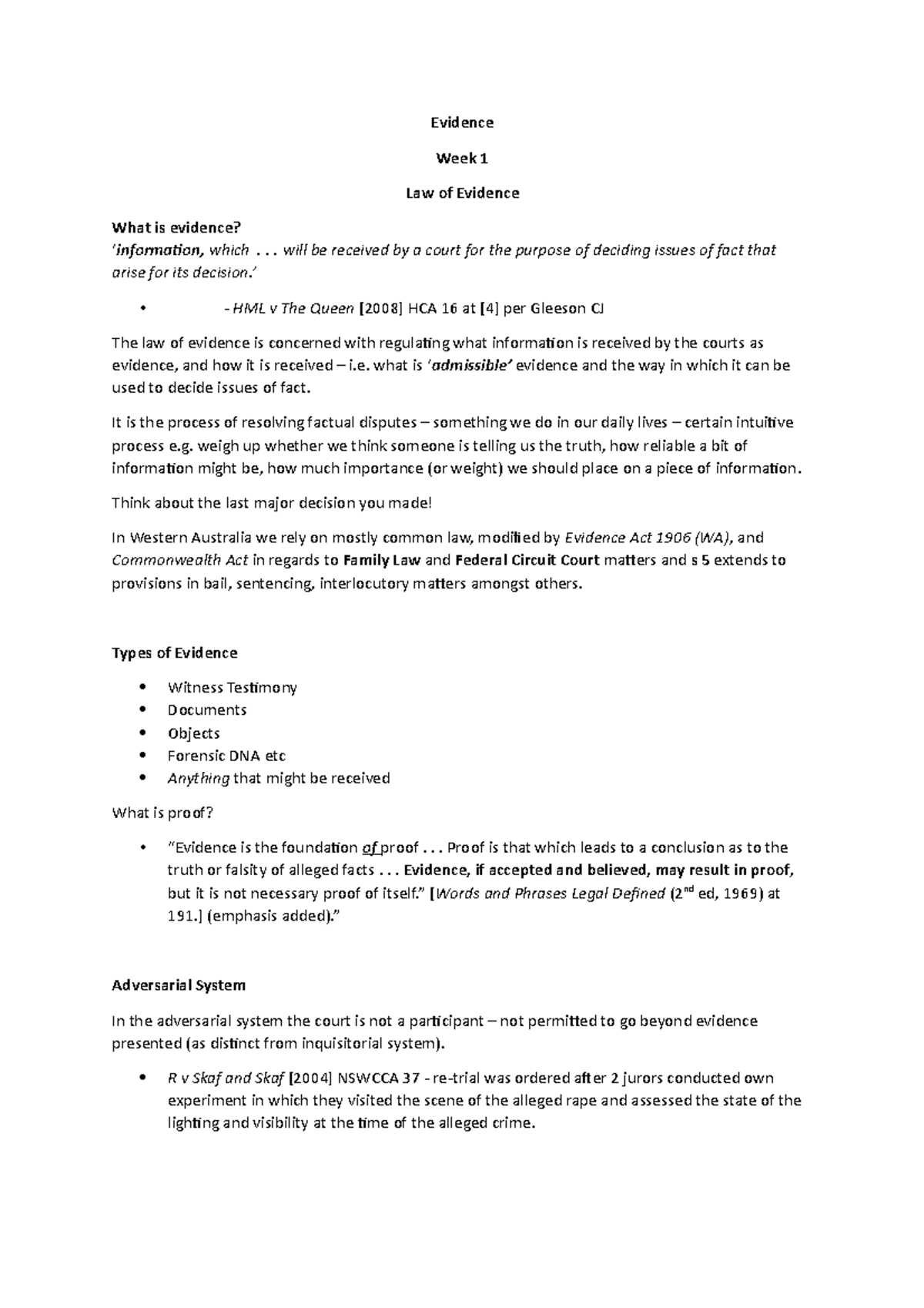 Evidence week 1 - Week 1 - Introduction - Evidence Week 1 Law of ...