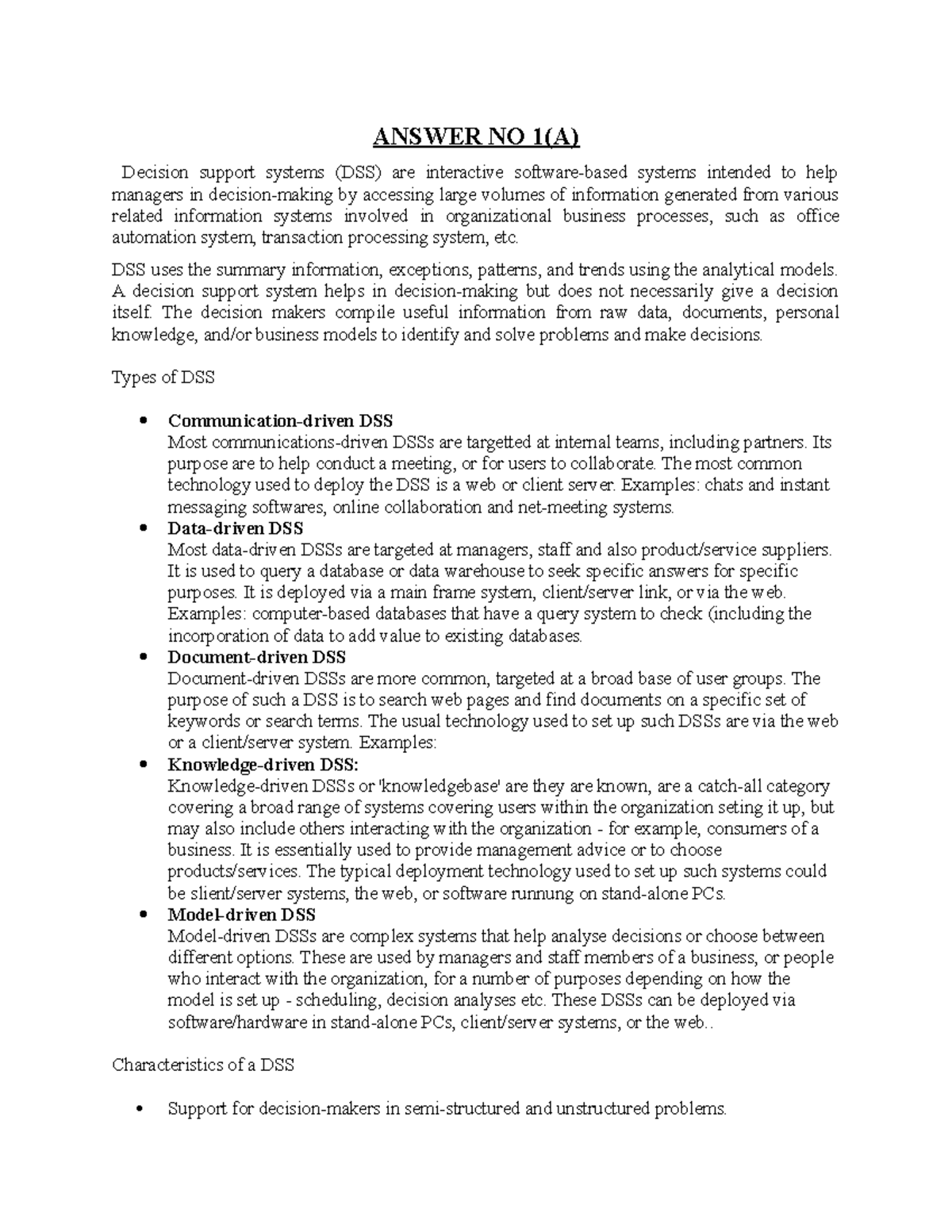 Internal Assignment 2 ITB - ANSWER NO 1(A) Decision support systems (DSS) are interactive - Studocu