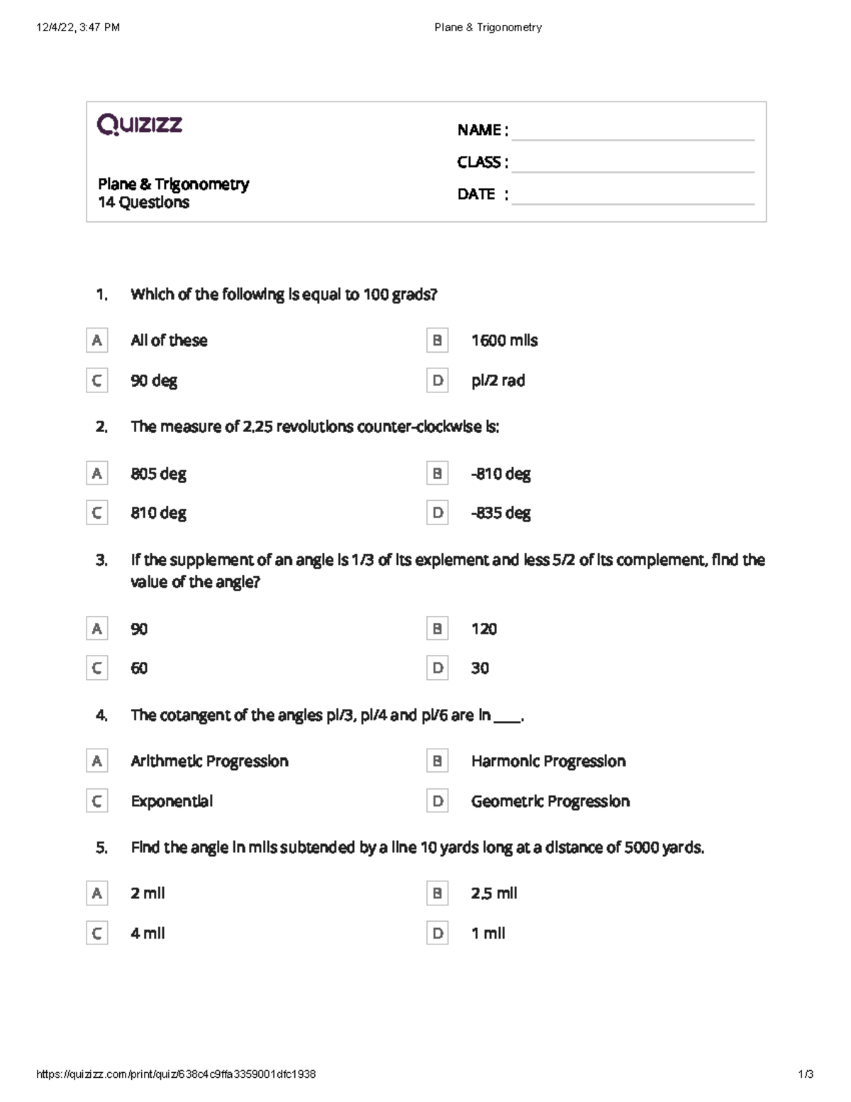 Plane-Trigonometry - Plane-Trigonoetry Practice Question for pre-board ...