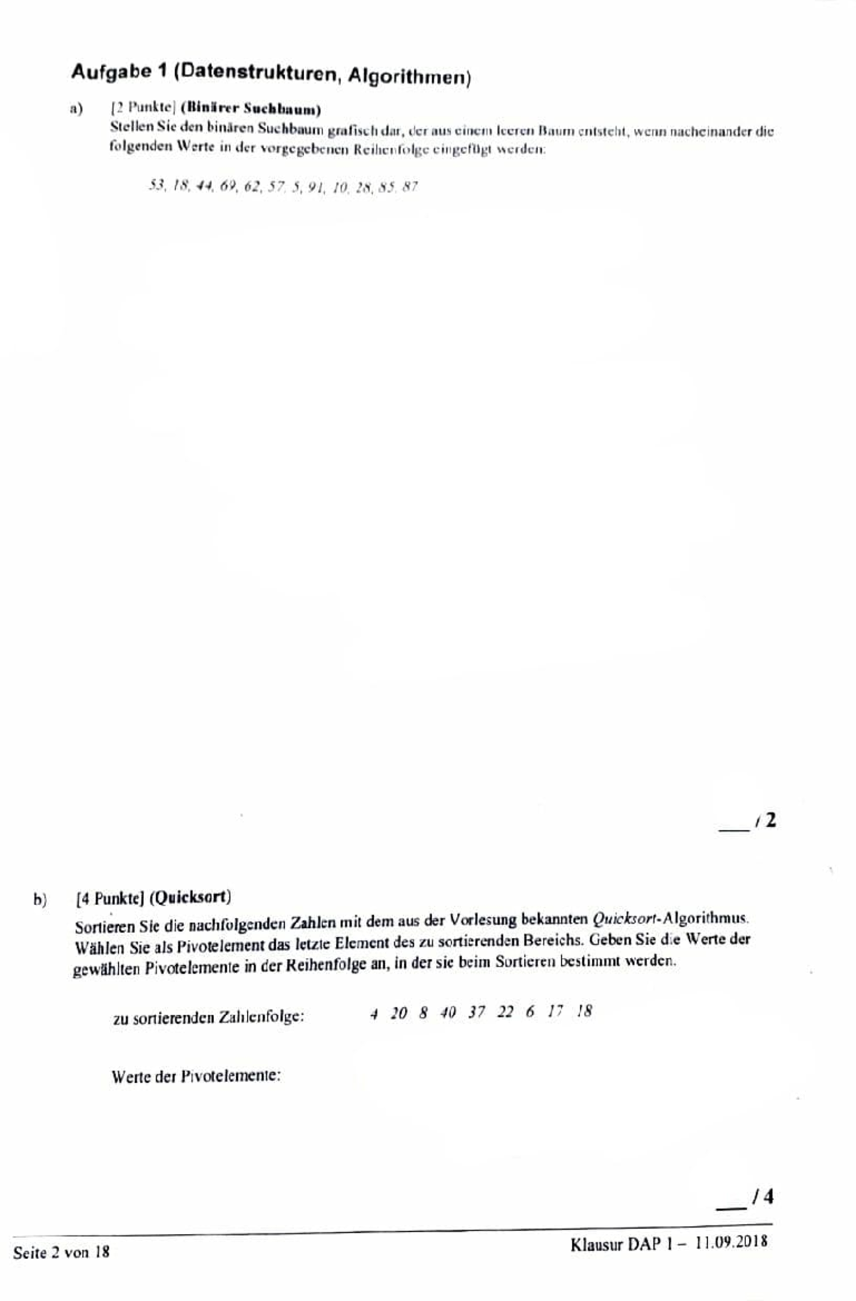 DAP 1 - Klausur - 2018 2 - Datenstrukturen Algorithmen und Programmierung 1 - Studocu