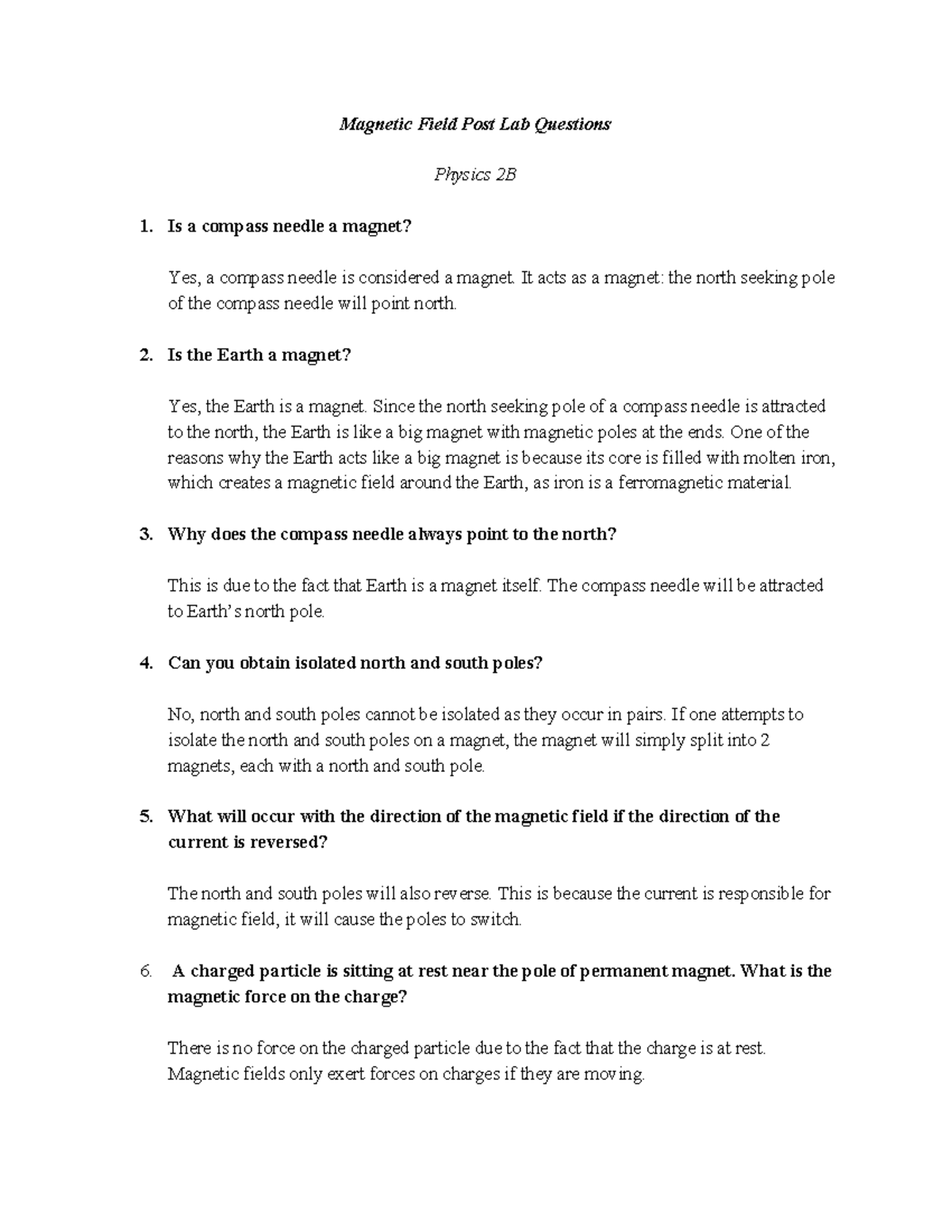 Magntic Field Post Lab Qs - Magnetic Field Post Lab Questions Physics ...