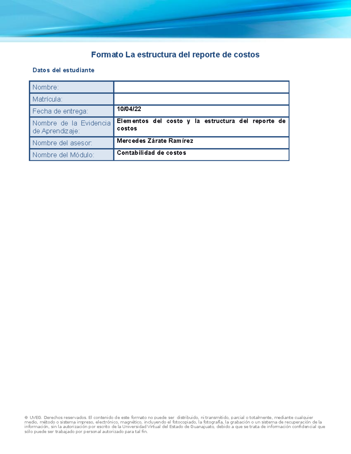 Reporte de costos - Formato La estructura del reporte de costos Datos ...