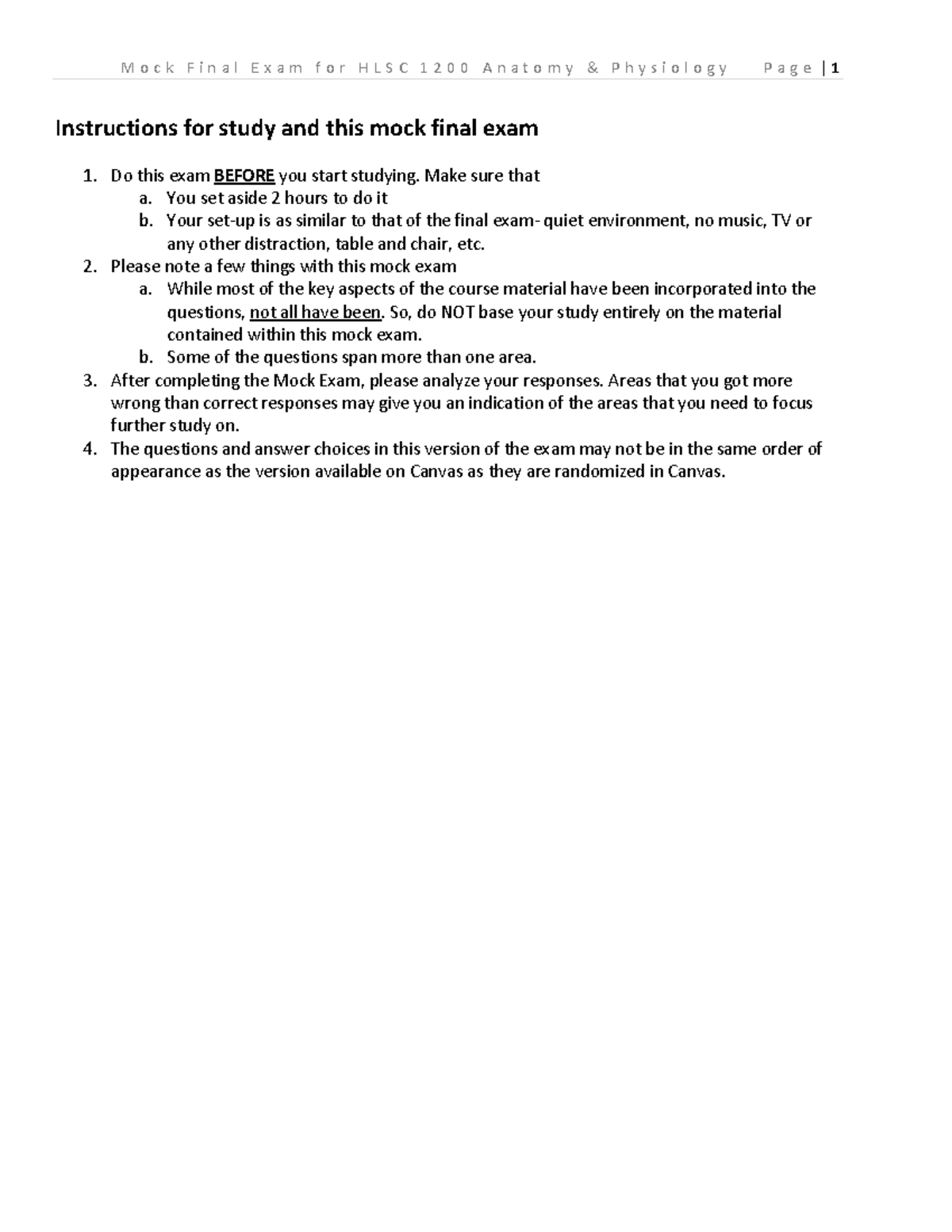 Mock final exam - ... - Instructions for study and this mock final exam ...