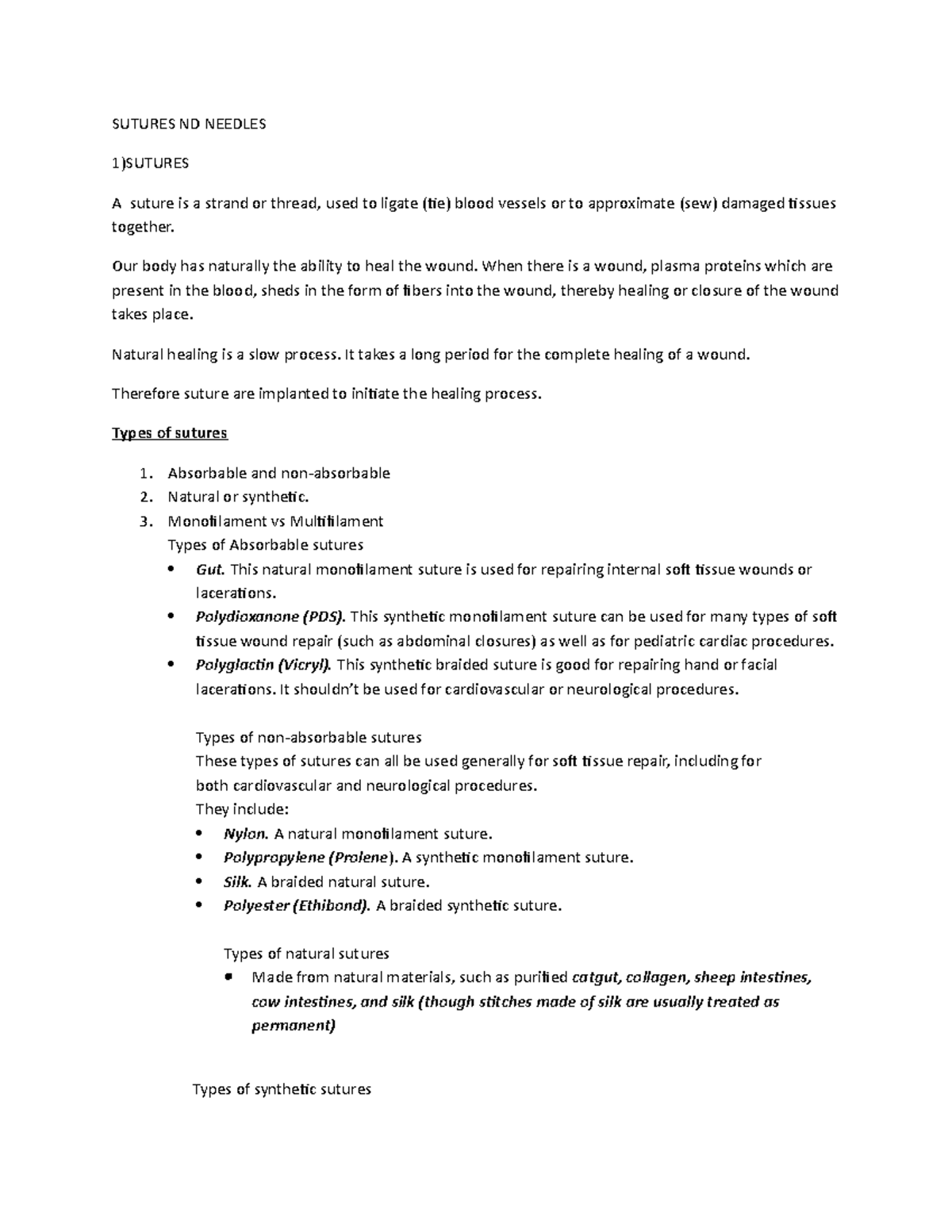 JOAN Assignment - Student paper - SUTURES ND NEEDLES 1)SUTURES A suture ...