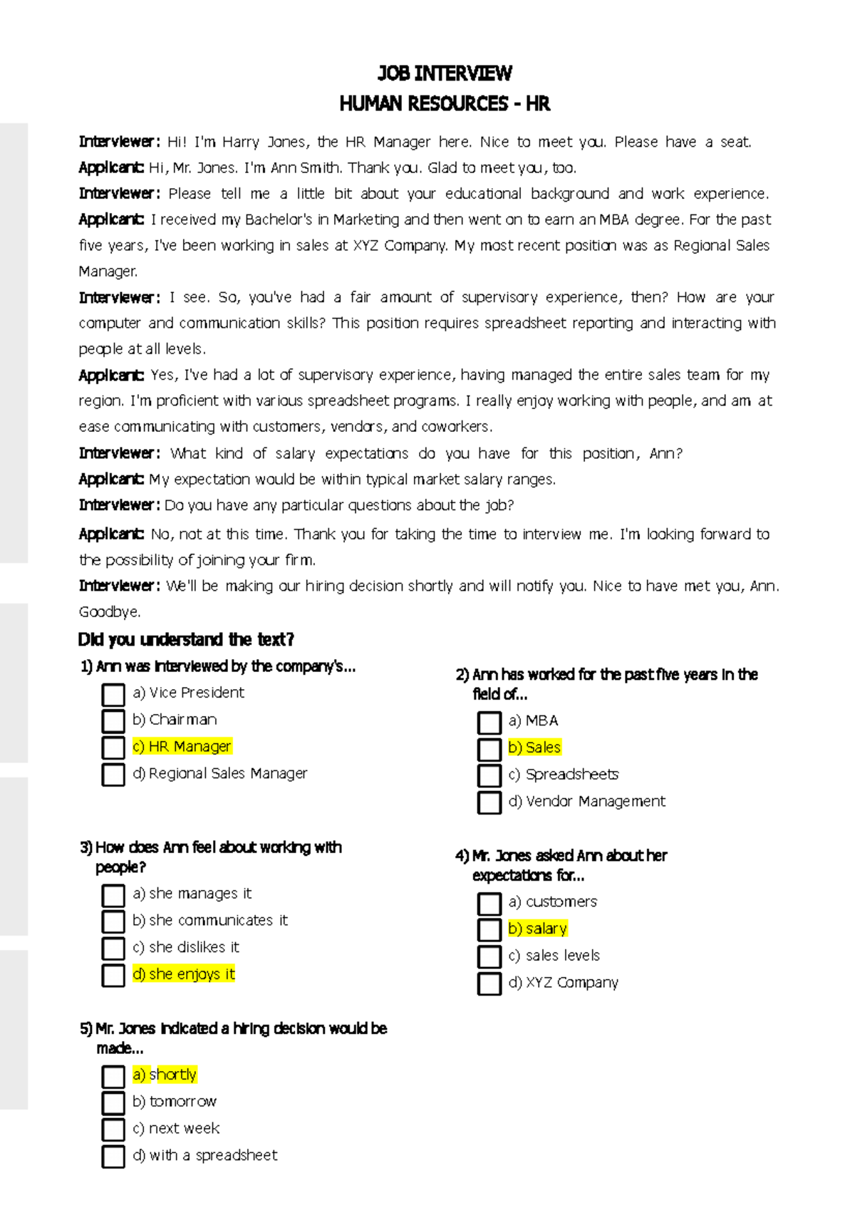 Dialogue - ingles - JOB INTERVIEW HUMAN RESOURCES - HR Interviewer: Hi ...