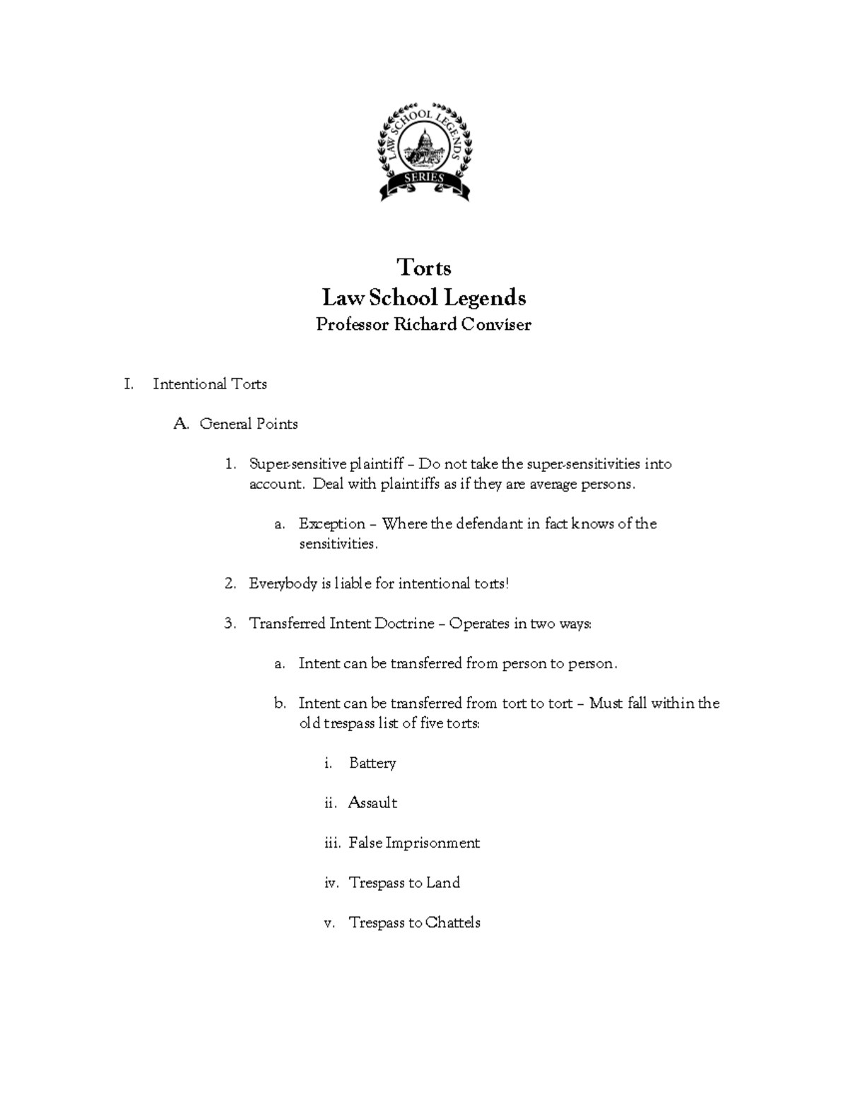 Torts Handout - Strict liability - Torts Law School Legends Professor ...