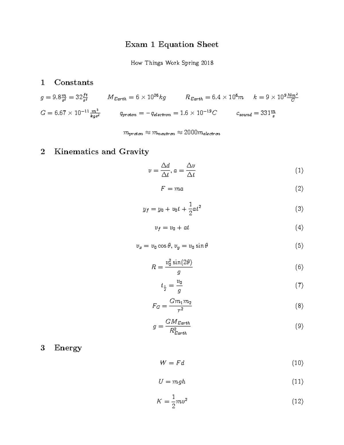 Equationsheet - Important equations sheet - Exam 1 Equation Sheet How ...