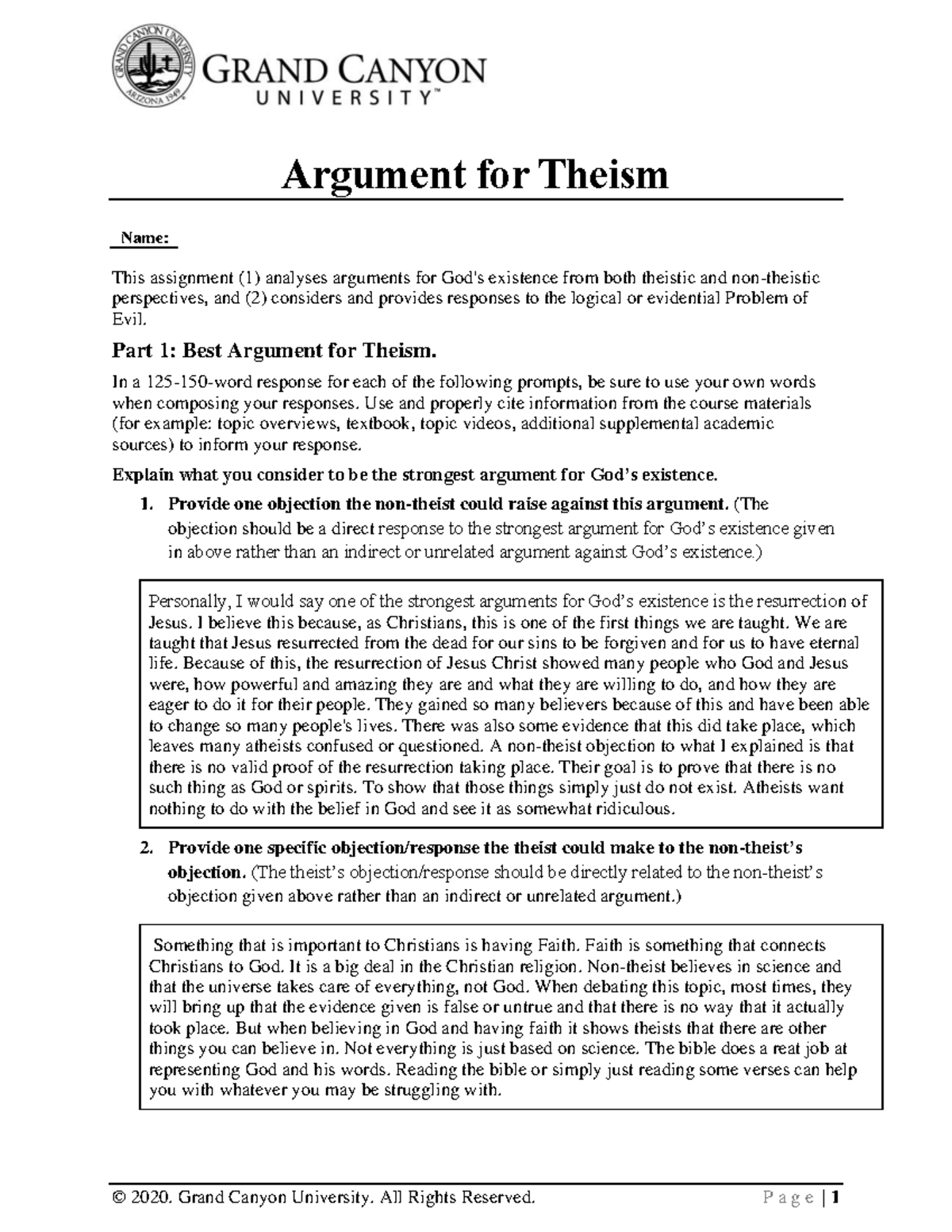 PHI 103 RS T3Argumentfor Theism Problemof Evil - © 2020. Grand Canyon University. All Rights ...