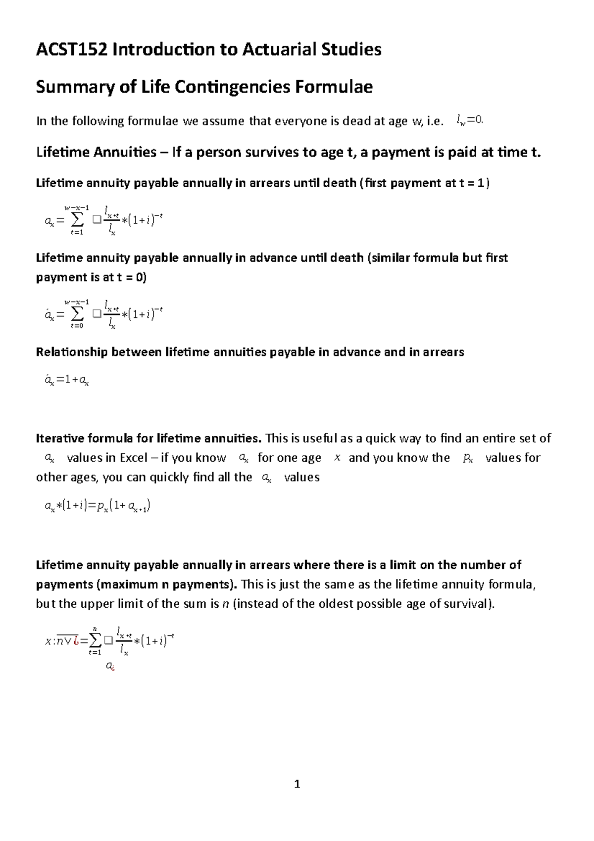 Formula Annuity and Life Assurance - ACST152 Introduction to Actuarial ...