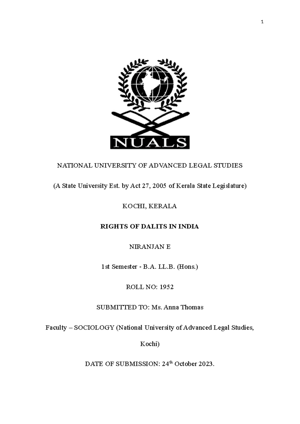Rights of Dalits in India - NATIONAL UNIVERSITY OF ADVANCED LEGAL ...