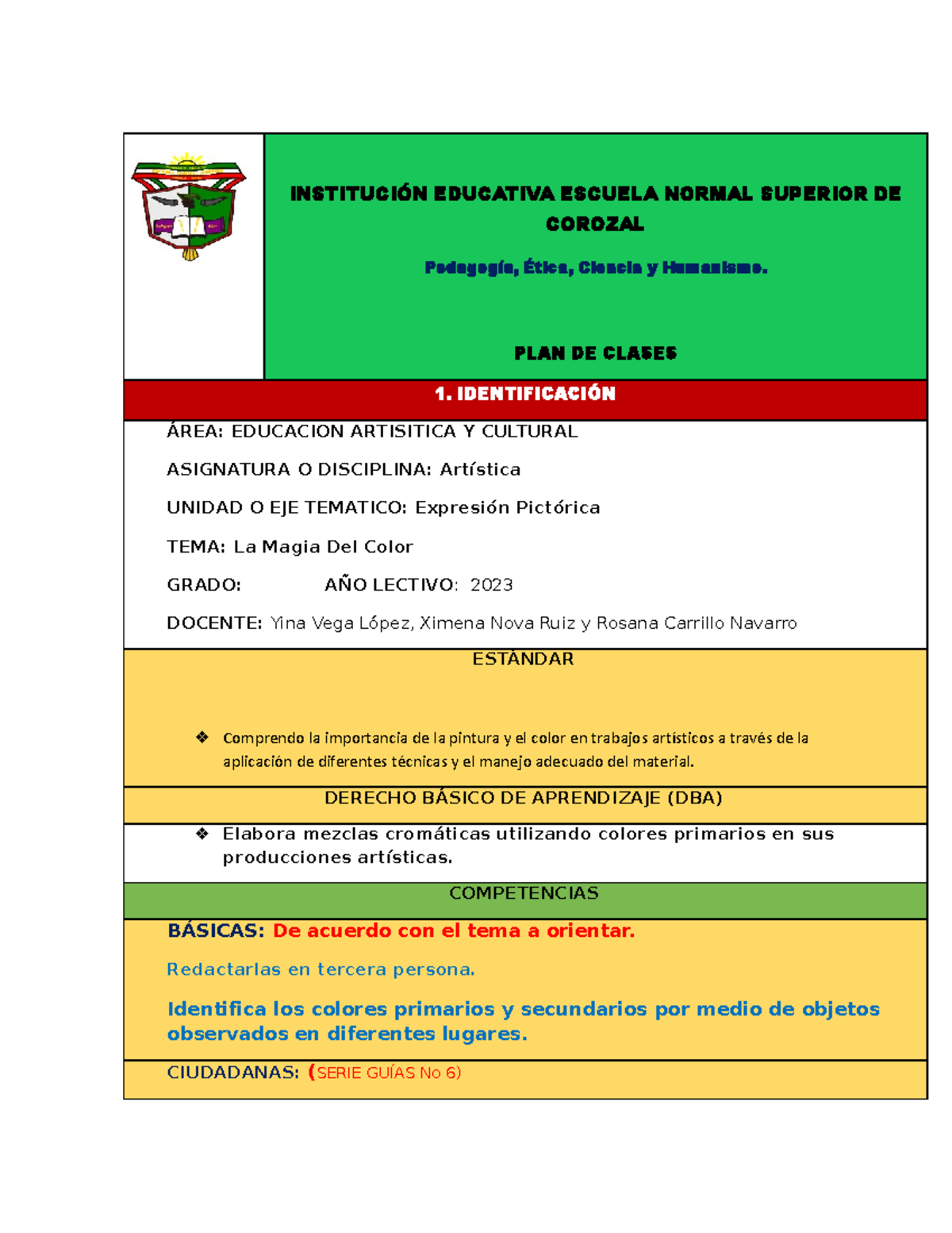 PLAN DE Clase DE Educacion Artisitca 2C - INSTITUCIÓN EDUCATIVA ESCUELA ...