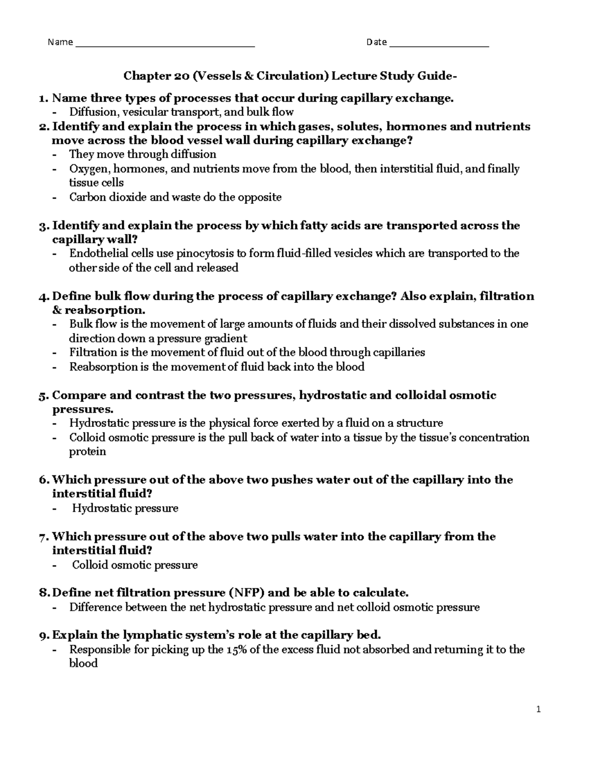 Chapter 20 Lecture Study Guide - Chapter 20 (Vessels & Circulation ...