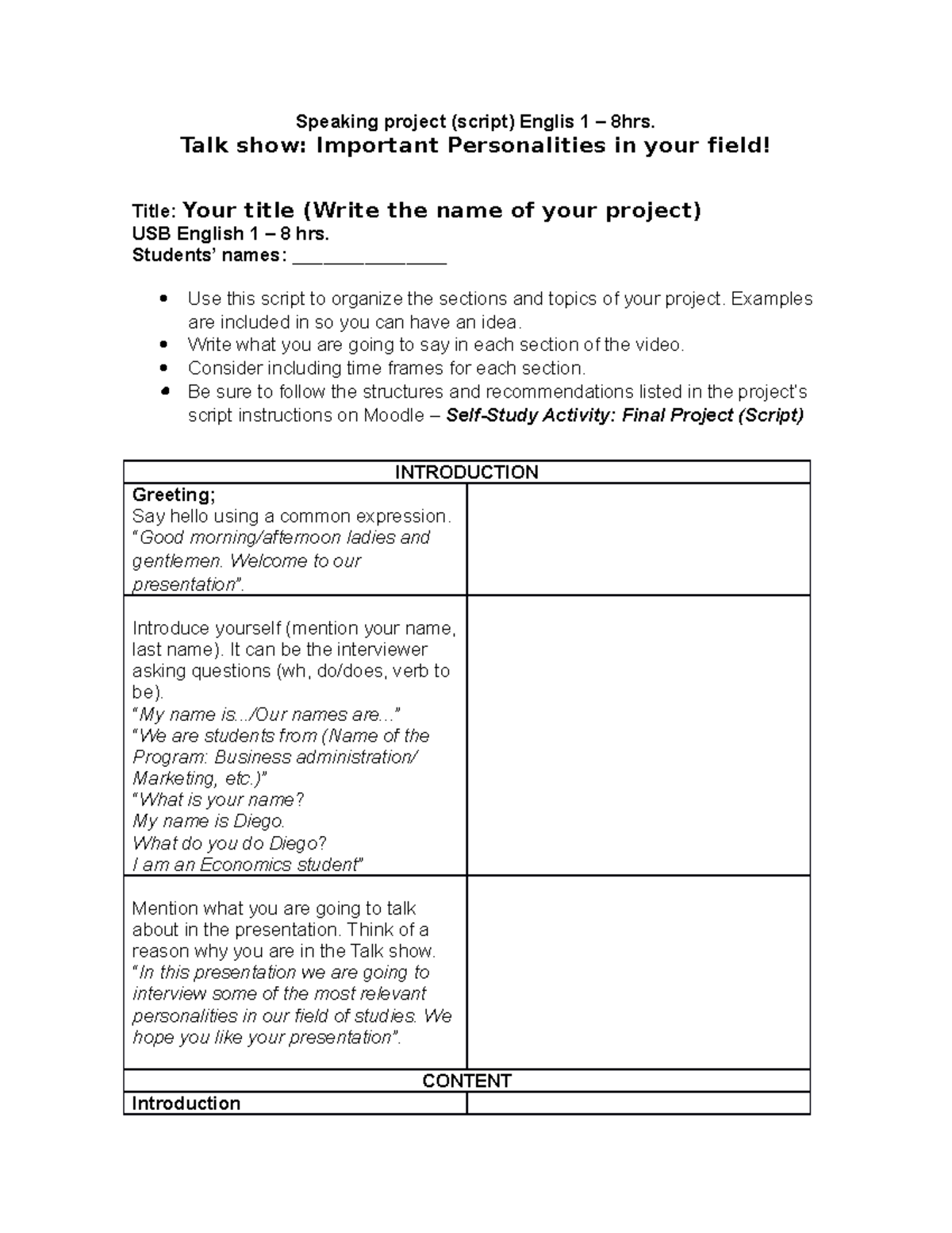 English 1 8hrs Script Format - Speaking project (script) Englis 1 ...