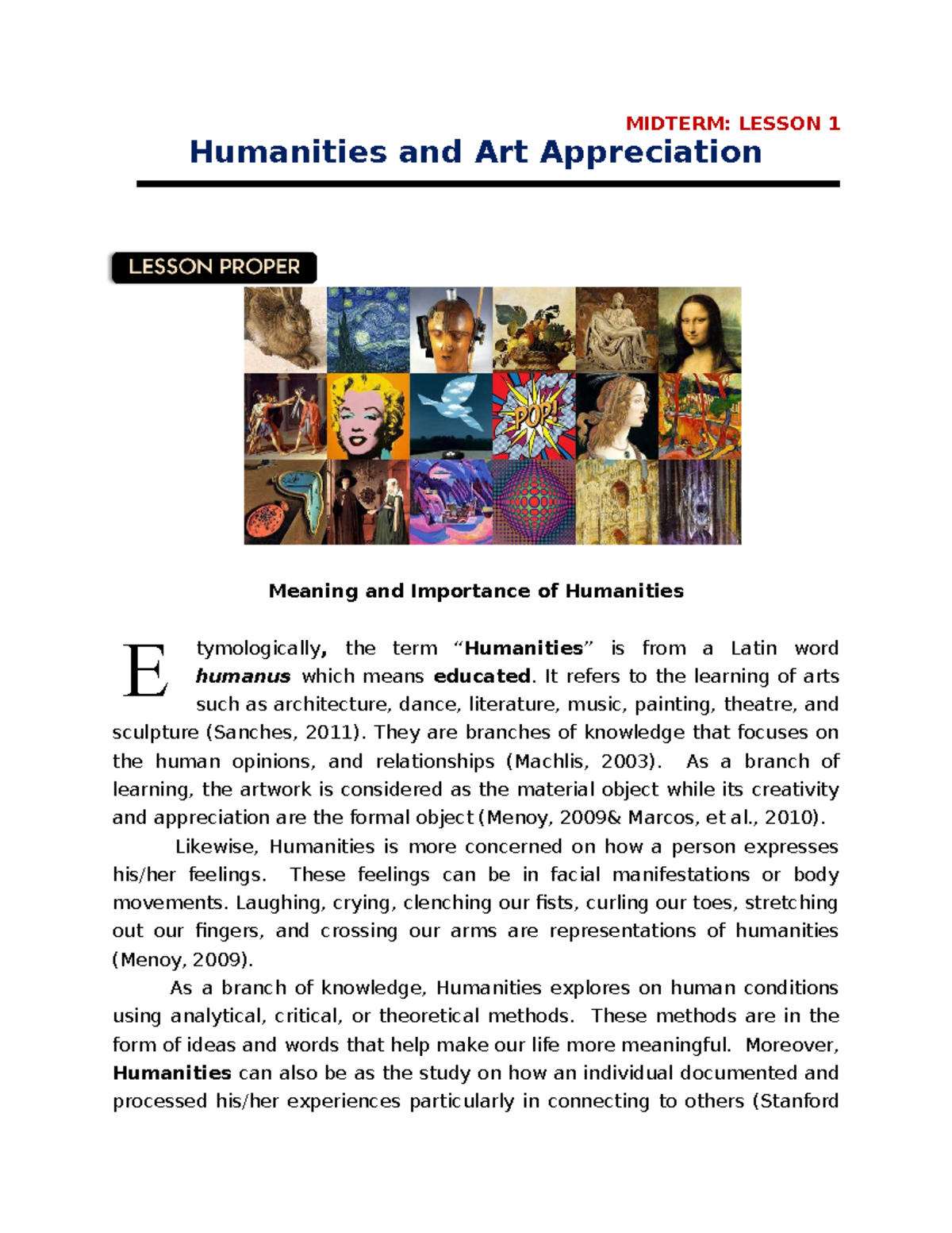 Inbound 996347747142280529 - MIDTERM: LESSON 1 Humanities and Art Appreciation Meaning and - Studocu