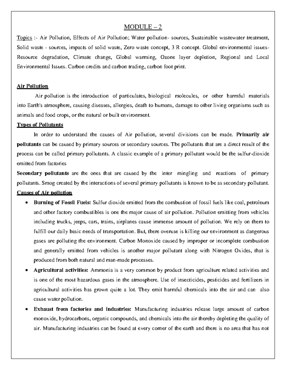Module 2- notes - MODULE – 2 Topics :- Air Pollution, Effects of Air ...