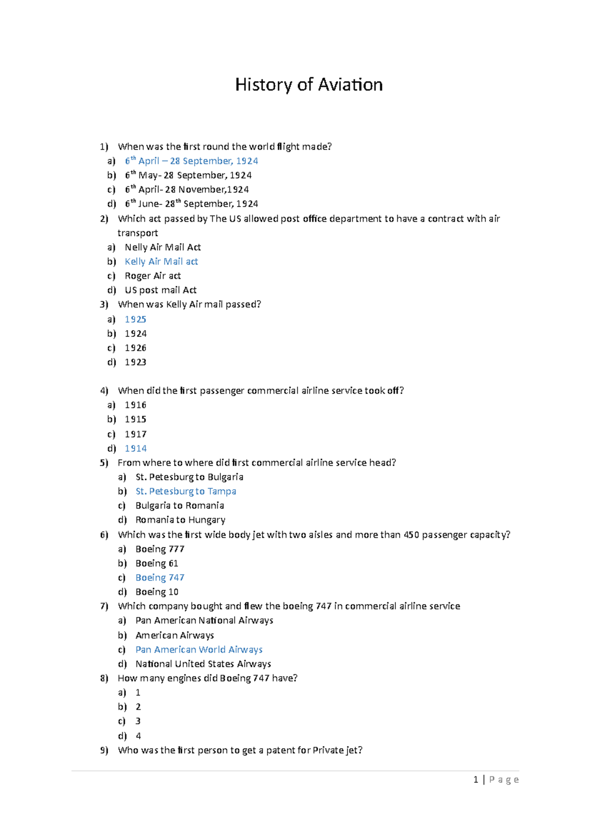 History of Aviation Questionnaire - Introduction To Air Travel - PU ...