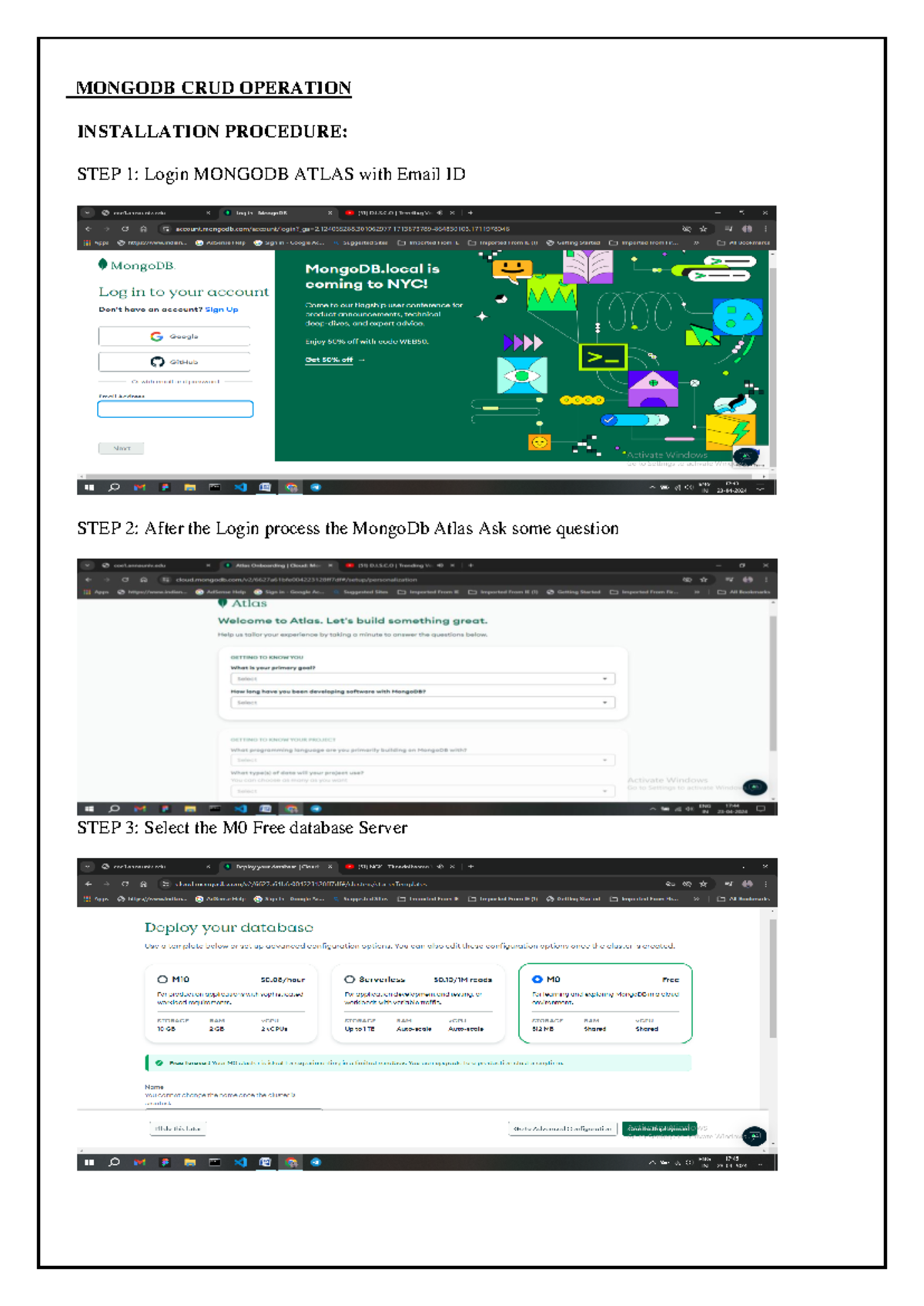 ADT Record Final 1 - Vghhhg - MONGODB CRUD OPERATION INSTALLATION PROCEDURE: STEP 1: Login ...