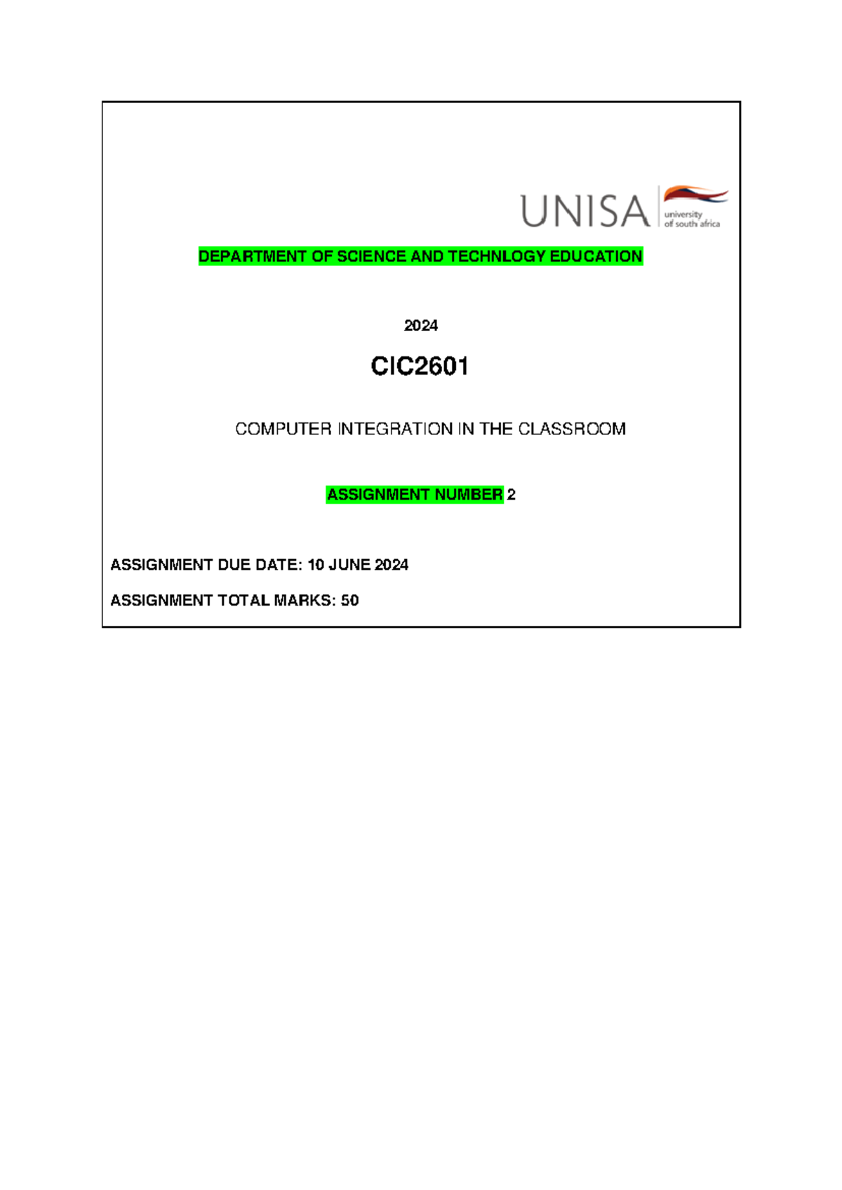 CIC2601 Assignment 2 Template(4) 240419 132516 - DEPARTMENT OF SCIENCE ...