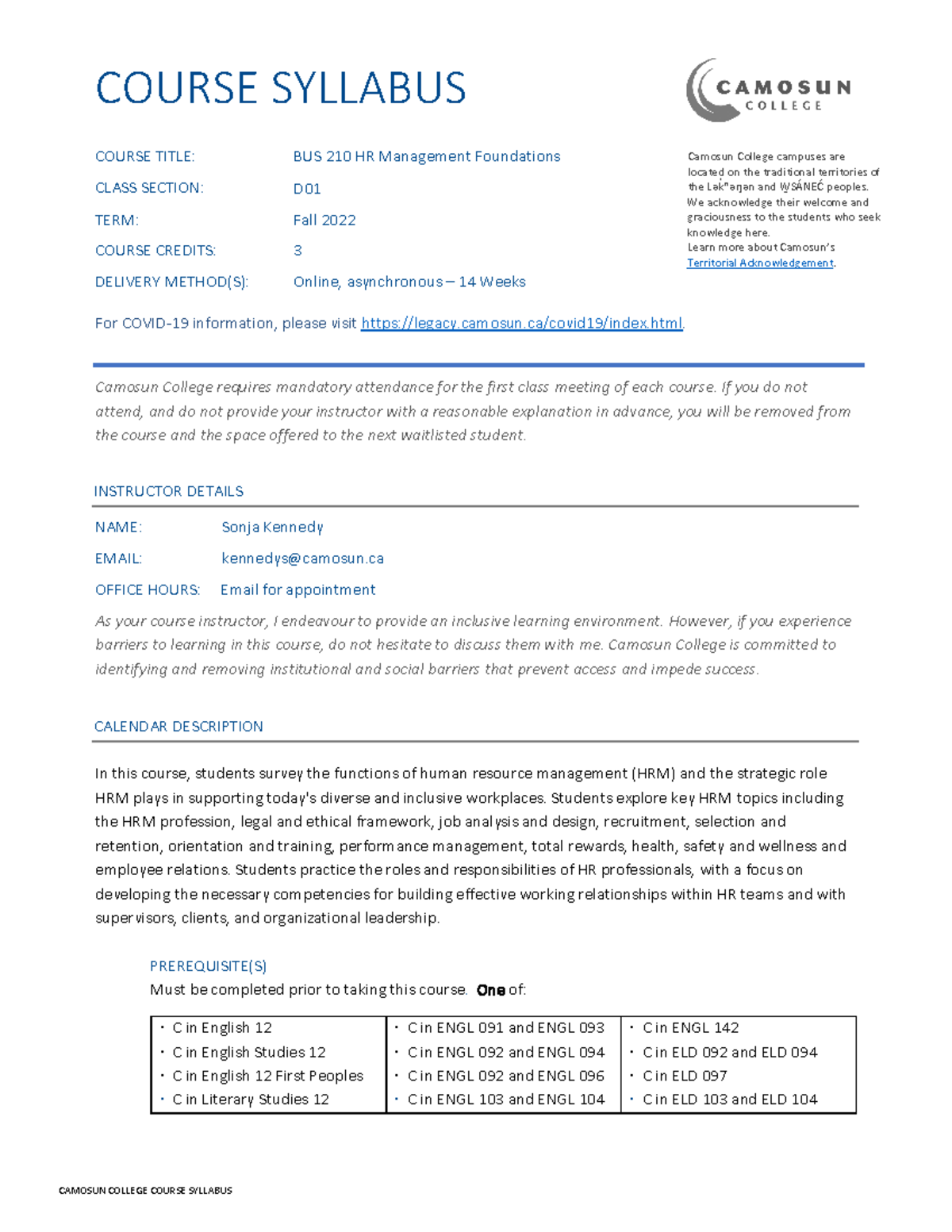BUS 210- Outline - Syllabus - COURSE SYLLABUS COURSE TITLE: BUS 210 HR ...