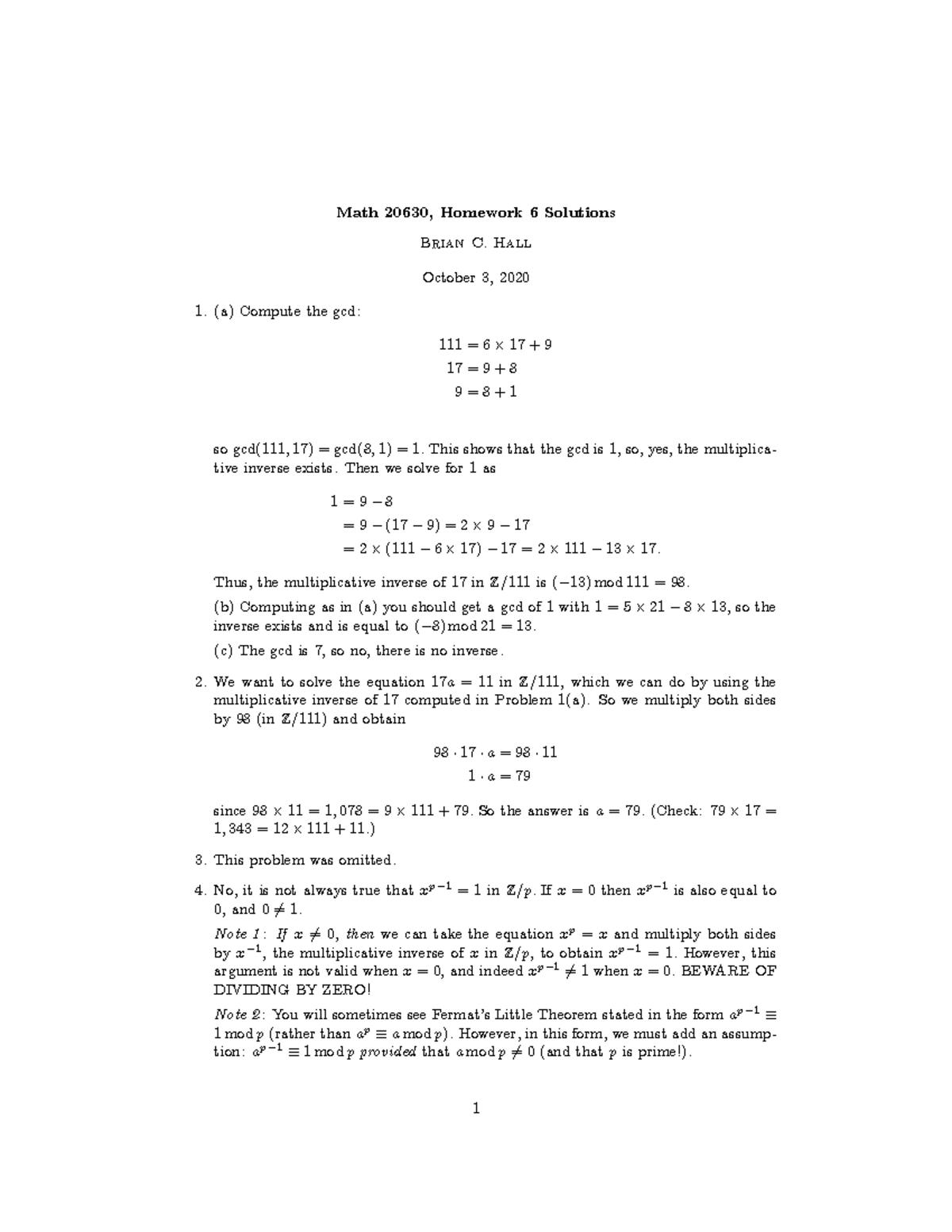HW6soln - Brian C. Hall - Math 20630, Homework 6 Solutions Brian C ...