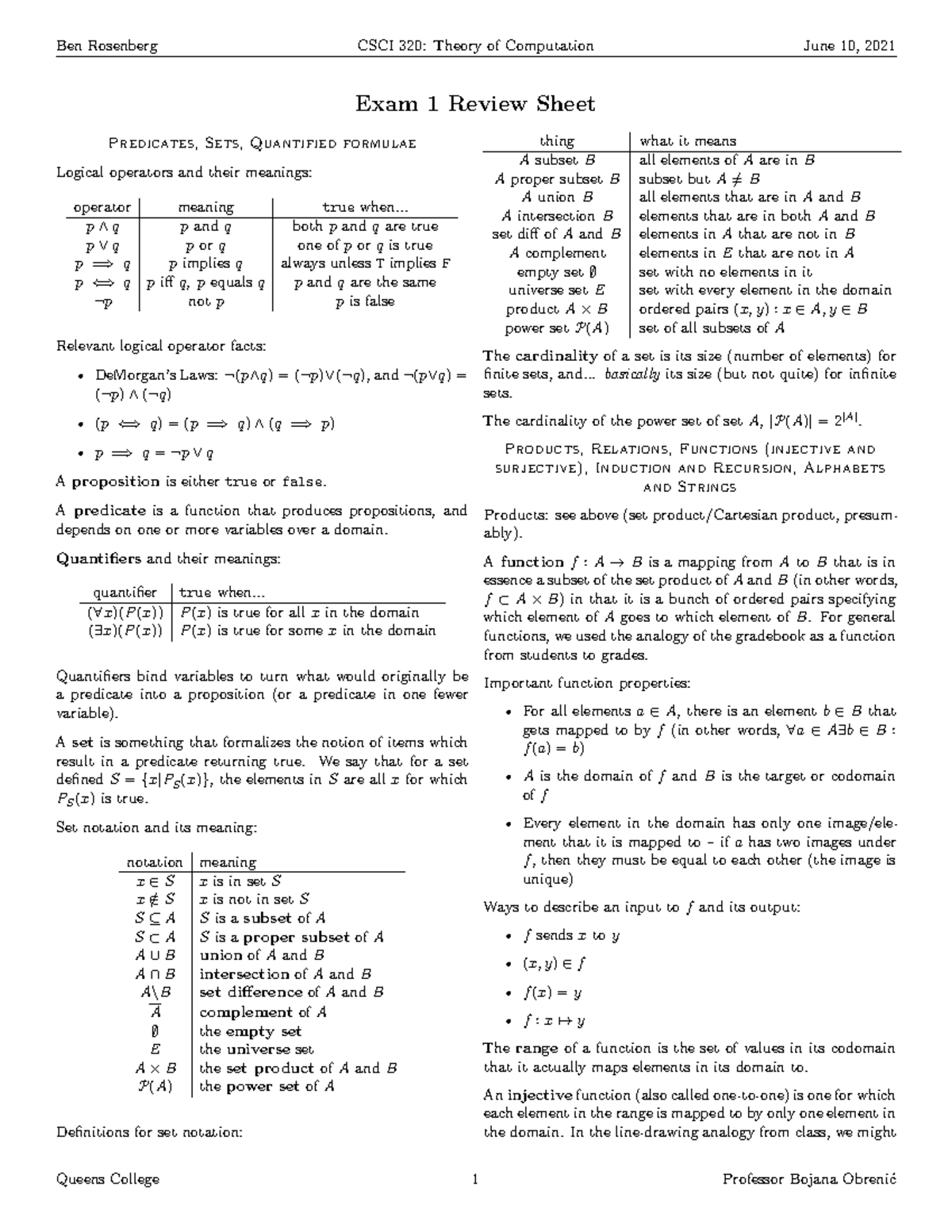 Exam 1 Review Summary Theory Of Computation Ben Rosenberg Csci 320 Theory Of Computation